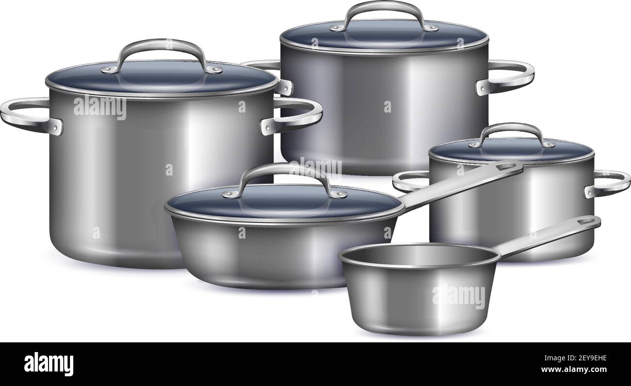 Saucepan set for cooking breakfast lunch and dinner realistic vector ...