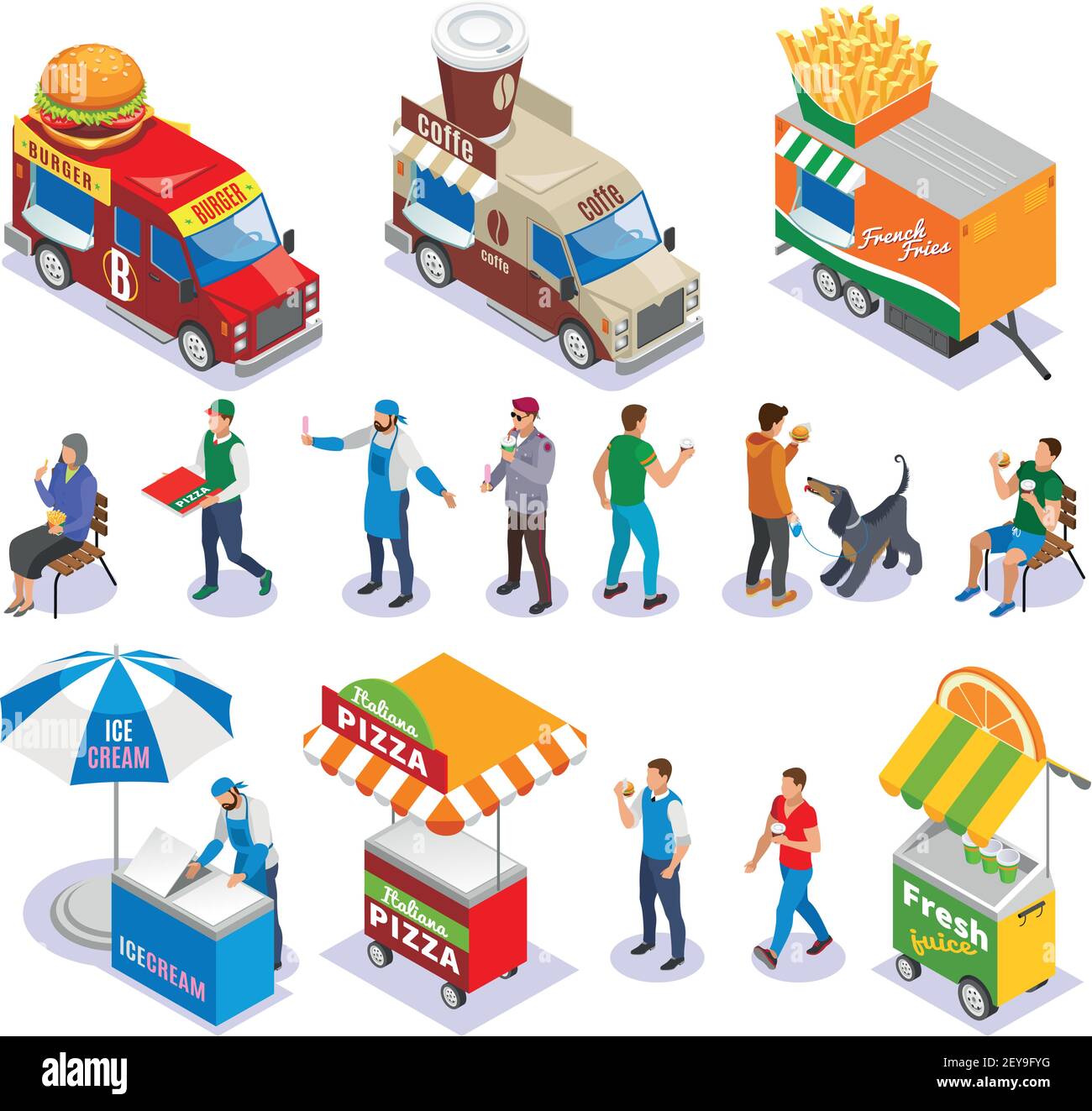 Street food carts and vehicles sellers and customers set of isometric ...