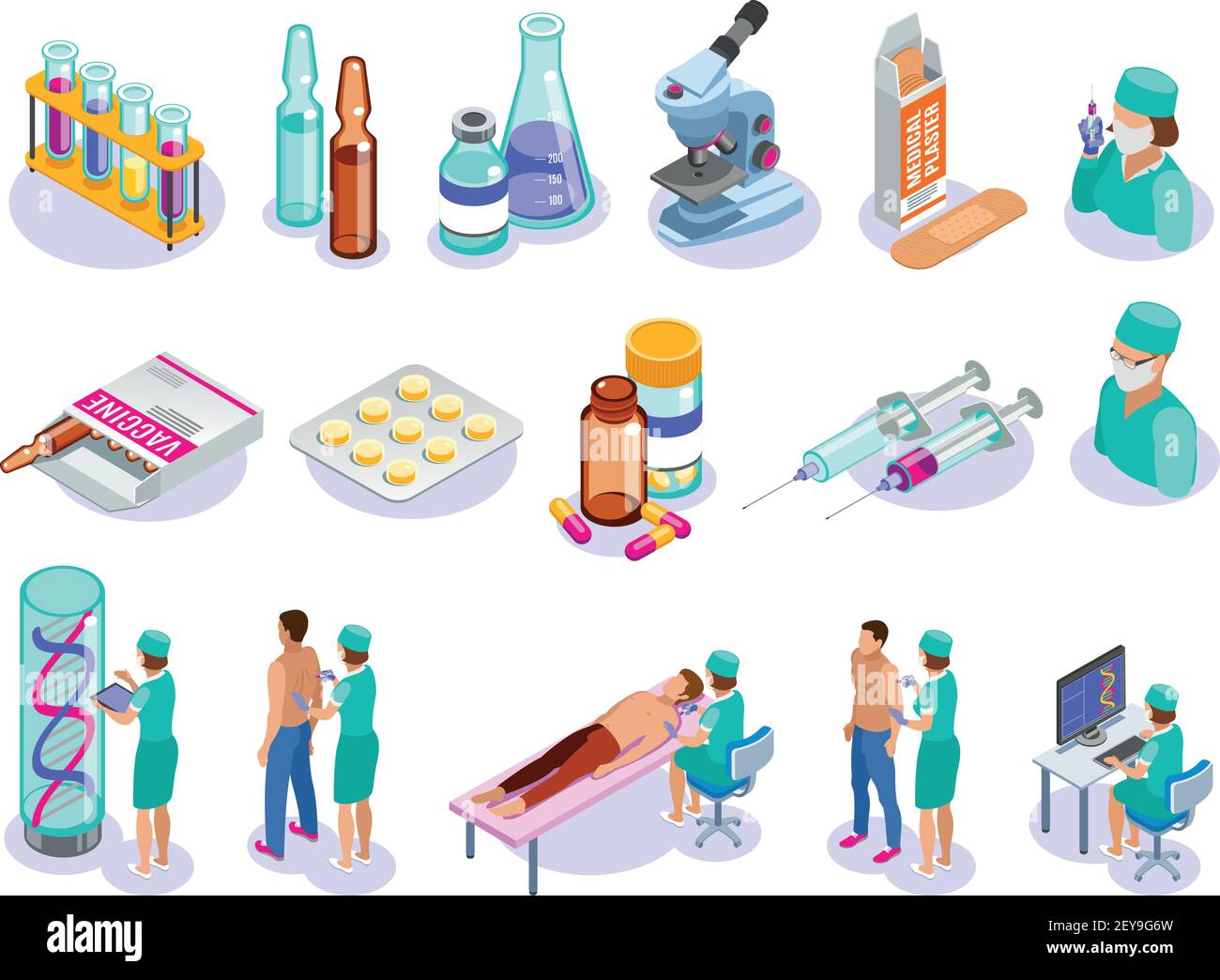 Set of isolated vaccination isometric icons with human characters of ...