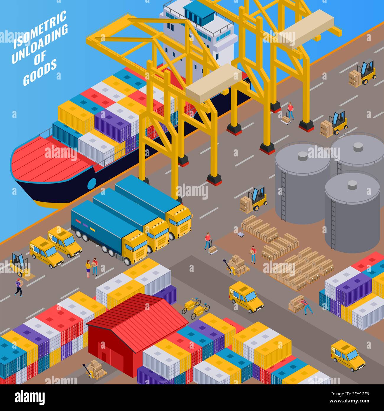 Delivery and unloading of goods process from cargo ship 3d isometric ...