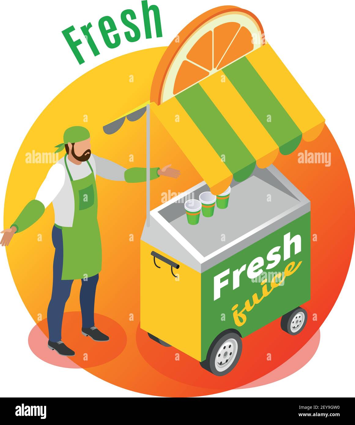 Street food trolley with seller of fresh juice on gradient round ...