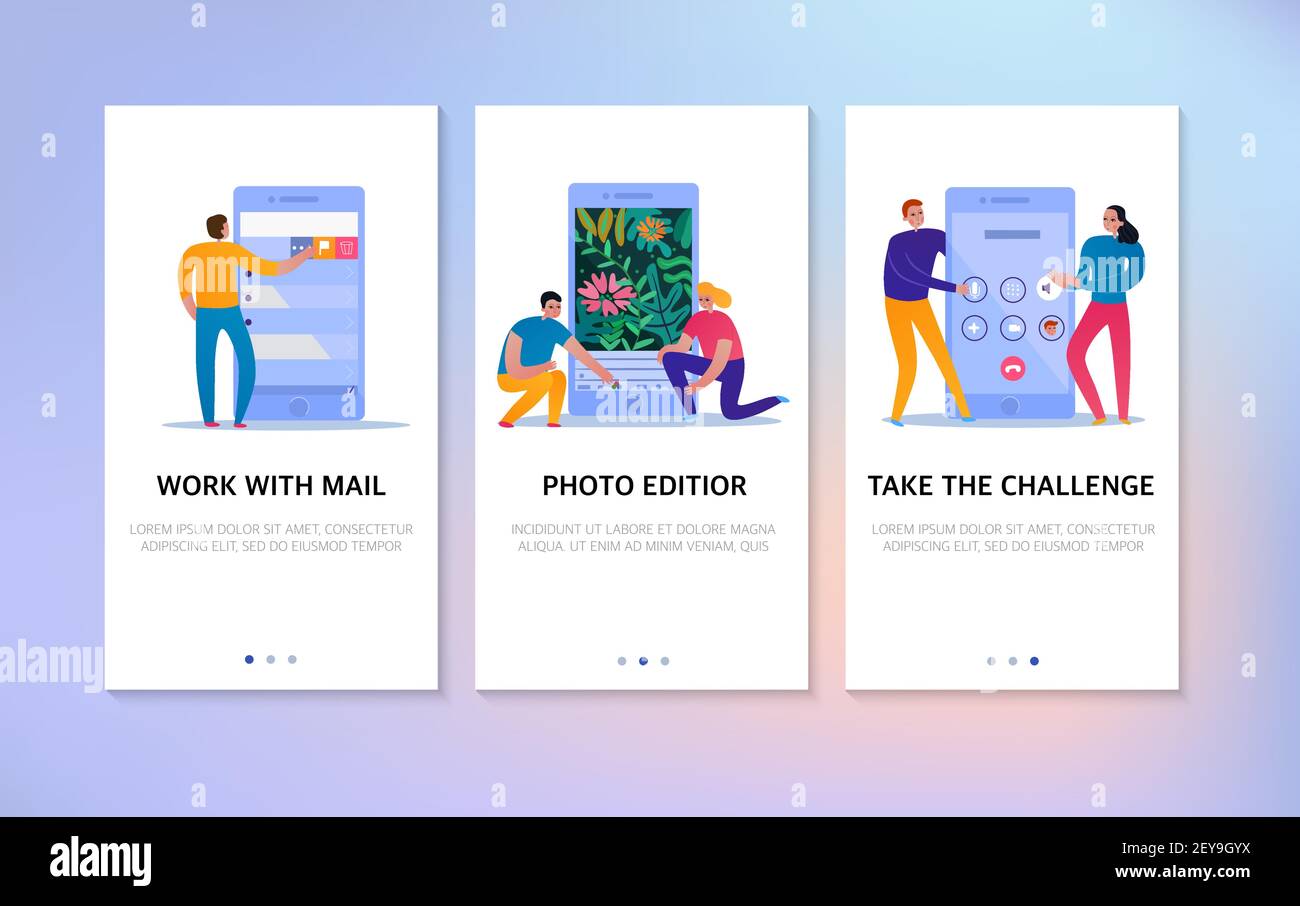Phone interaction vertical banners set with text field and people using ...