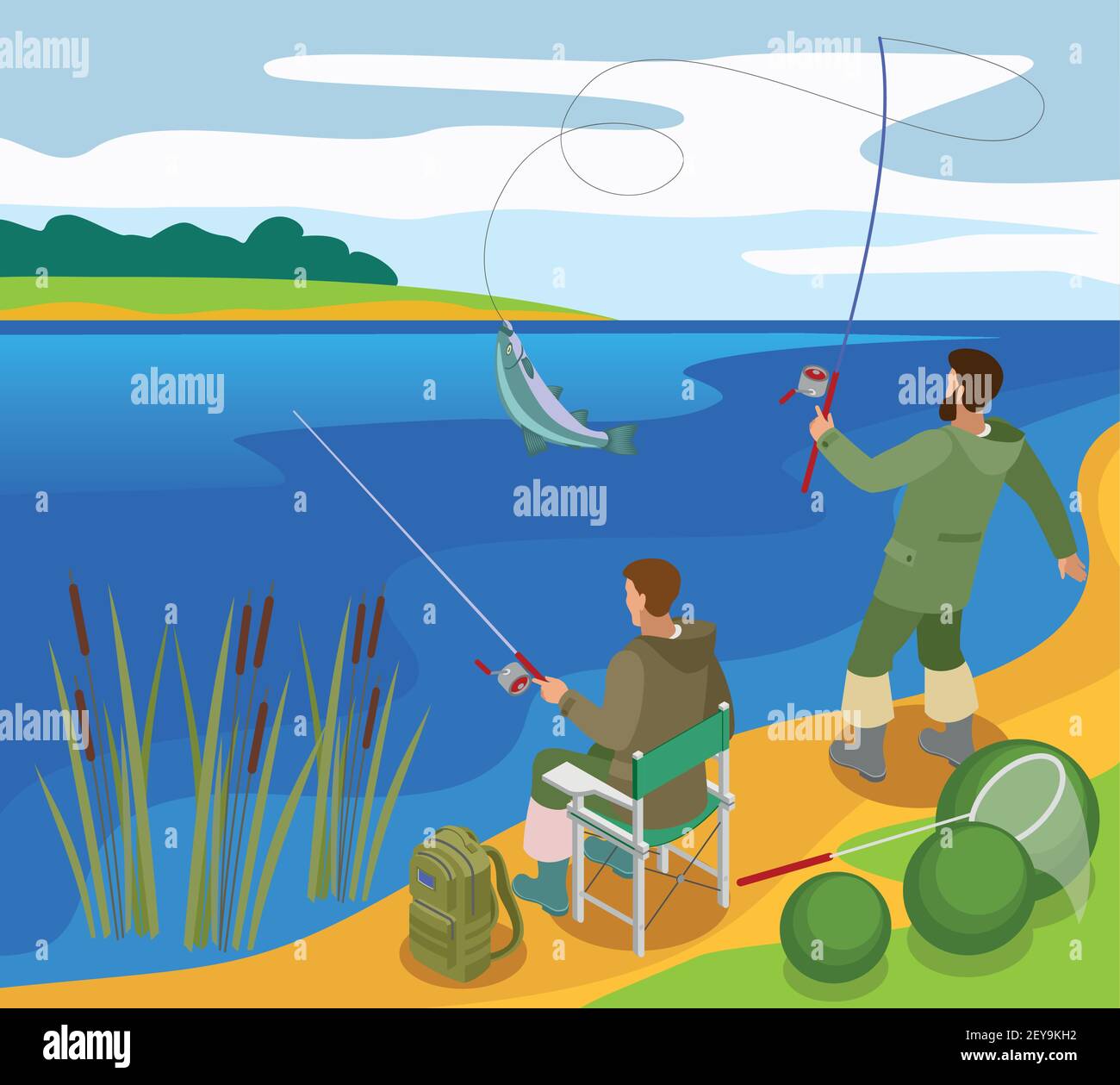 Fishermen with tackles during catching fish on bank river isometric ...