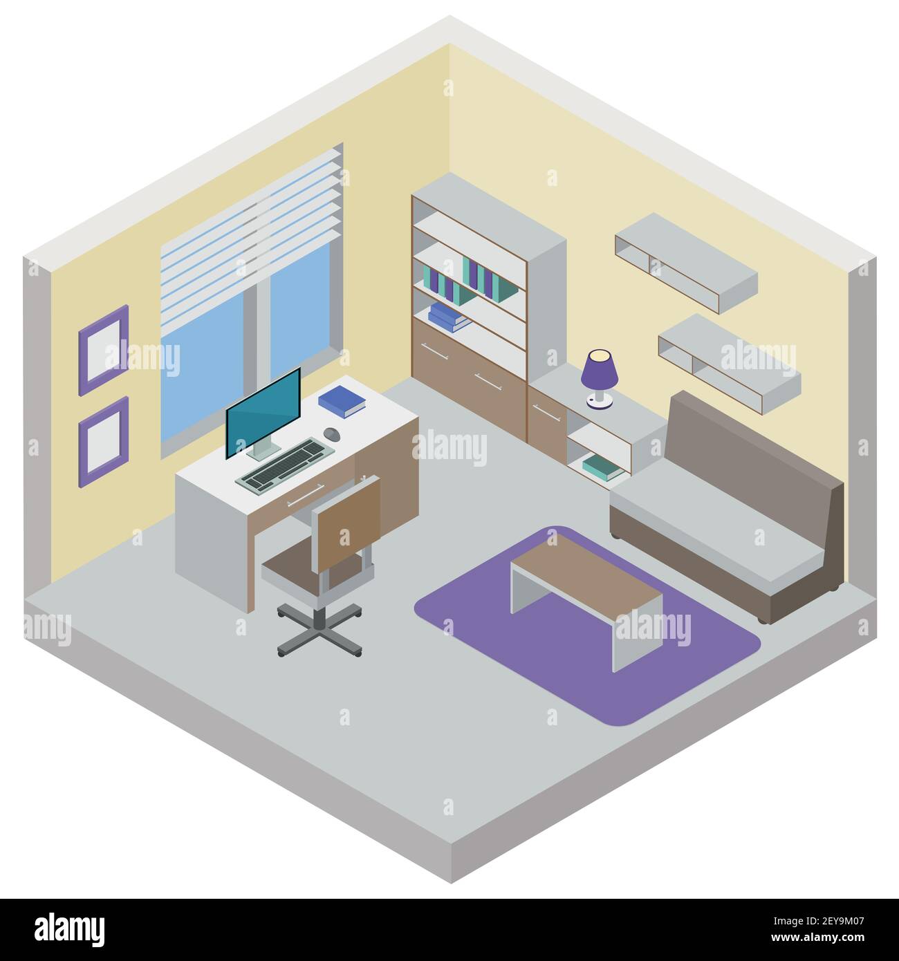 Work room isometric design concept with workplace bookshelves and guest ...