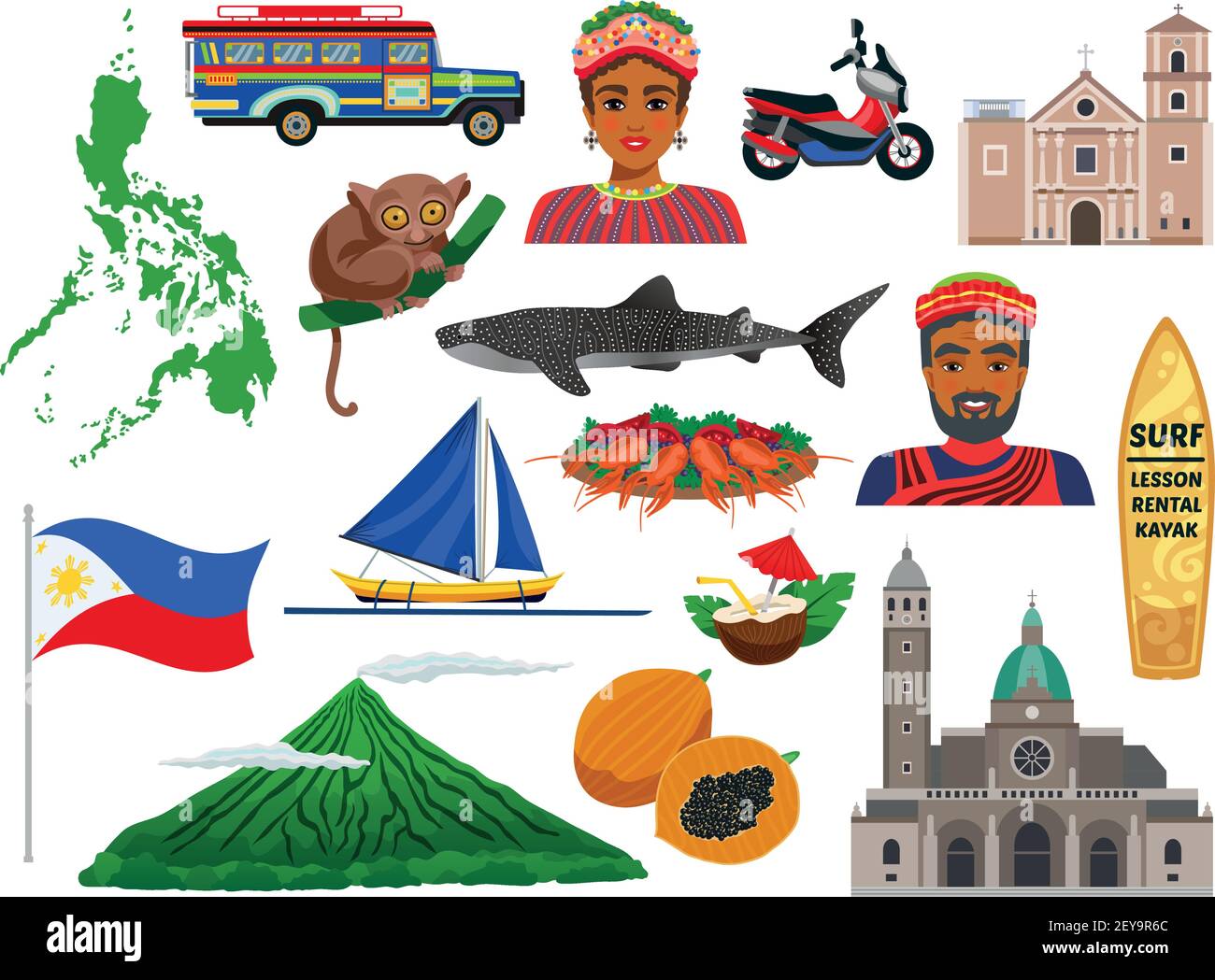 Philippines set of travel icons with animals landmarks traditional food and national costumes ...