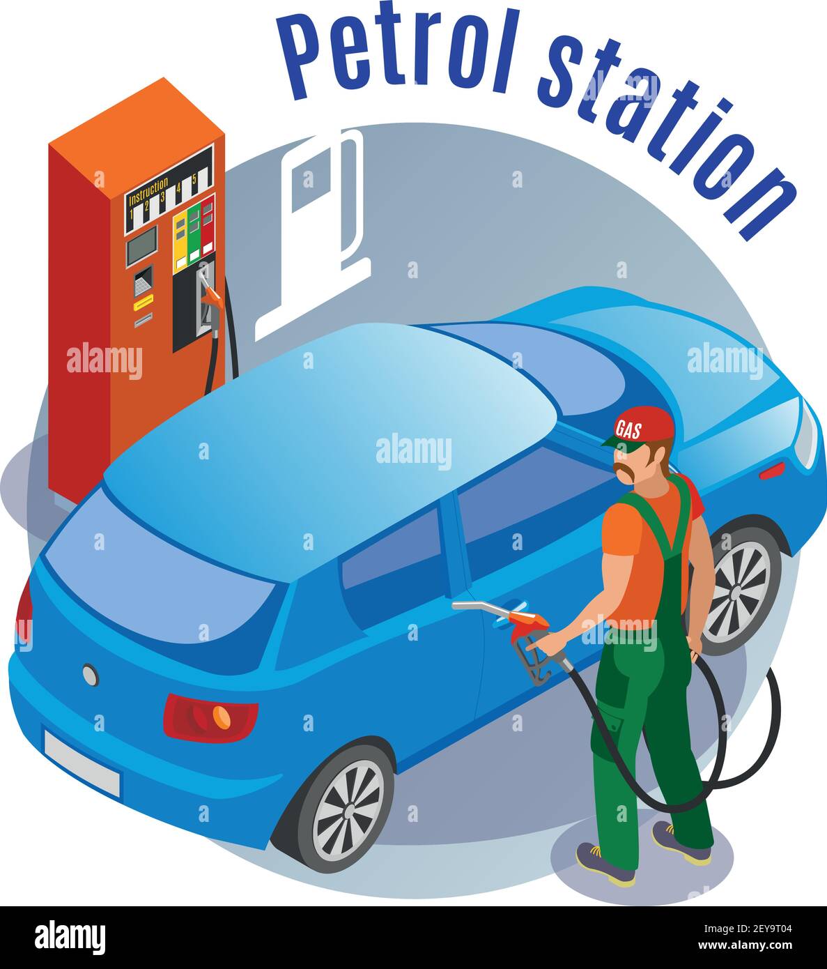 Gas stations refills isometric background with images of fuel filling ...