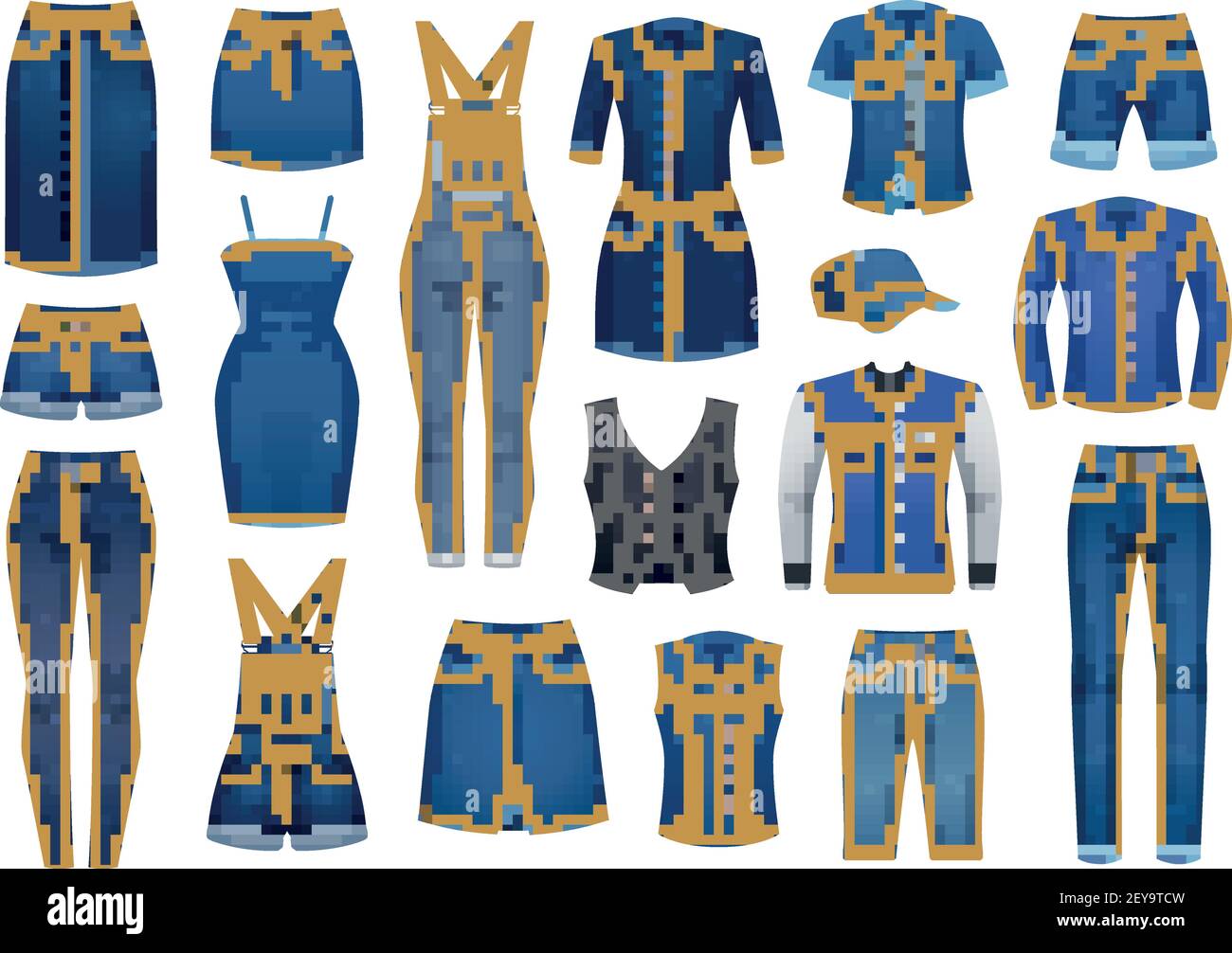Modern denim clothing for men and women set of icons isolated on white ...