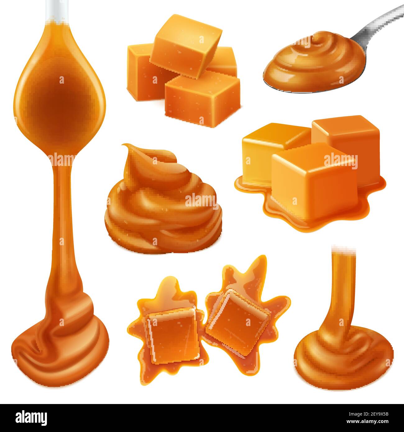 Realistic caramel candies icon set with creamy liquid and creamy drops ...
