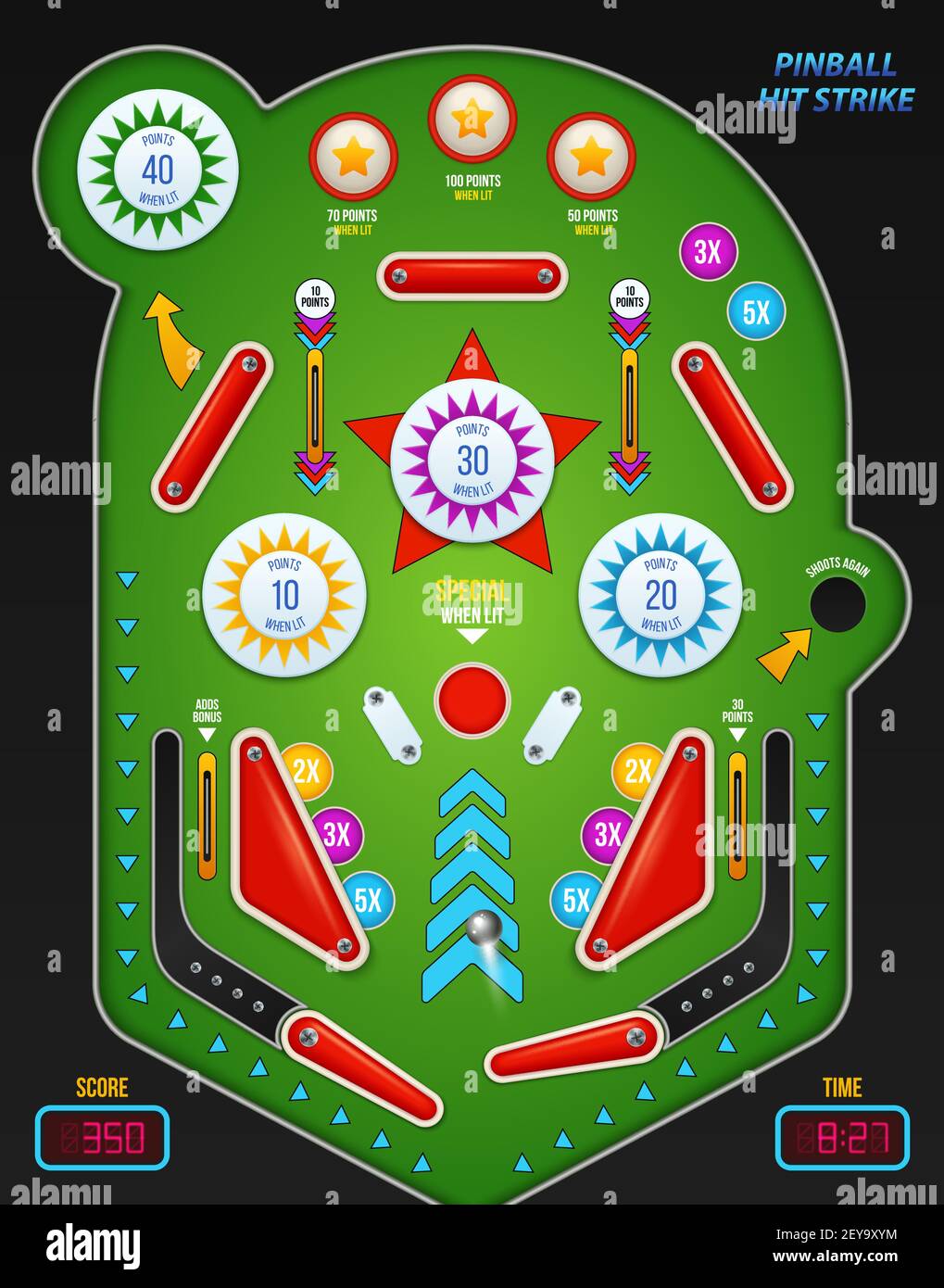 Colored and realistic 3 d pinball composition with pinball hit strike ...