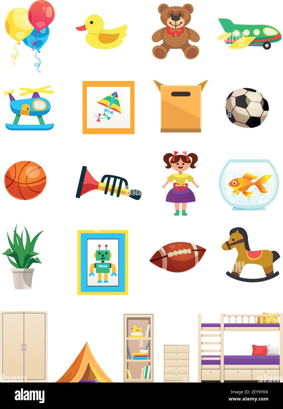 Set of interior objects of children room with furniture toys sports ...