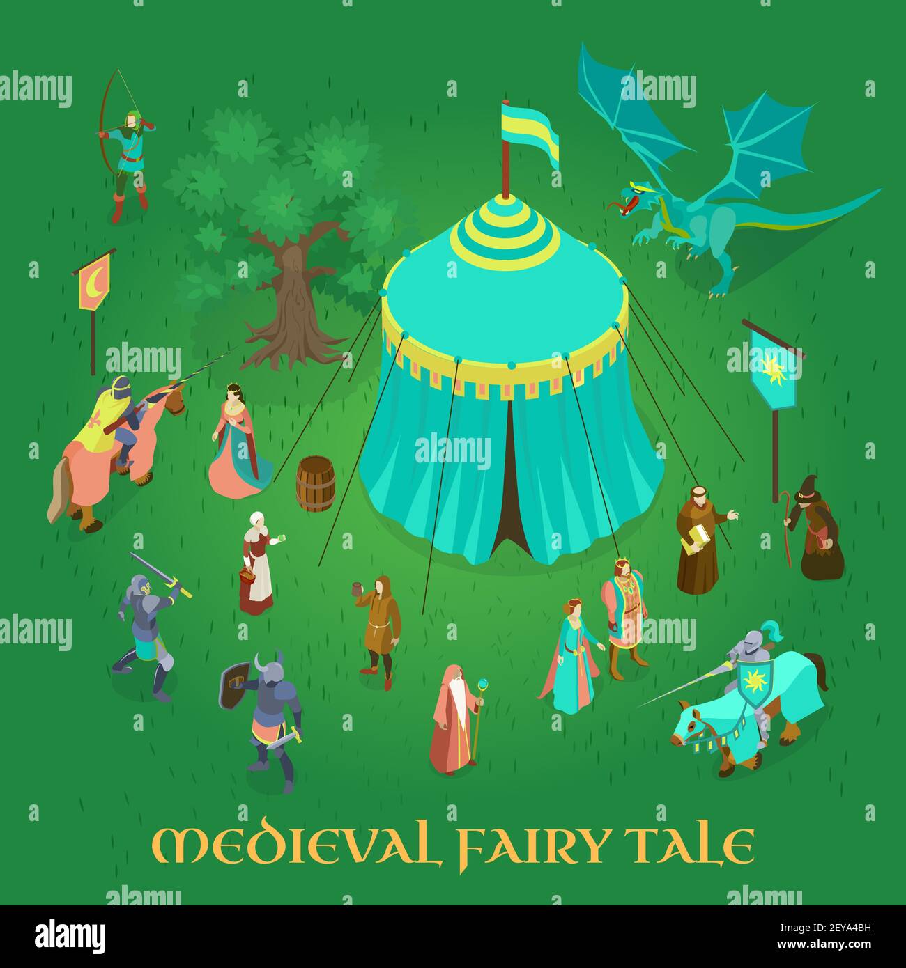 Medieval fairy tale with royal couple princess knights and dragon on ...