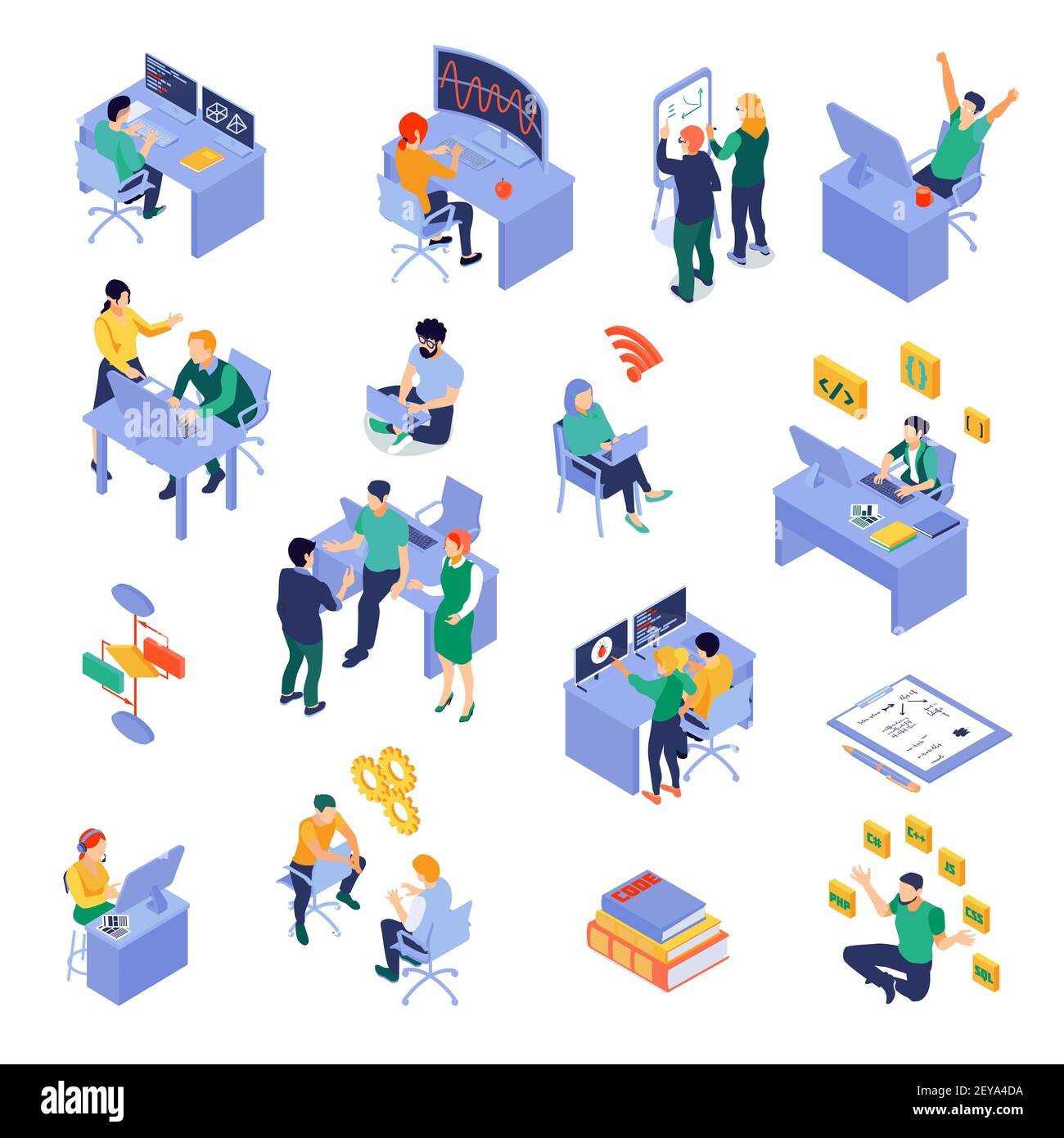 Set Of Isometric Icons Programmers At Work Place During Coding Debugging Or Software Testing