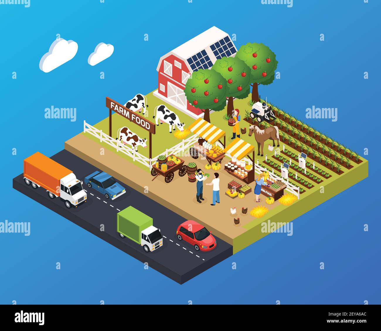 Agriculture landscape isometric background with barn house and farmer ...
