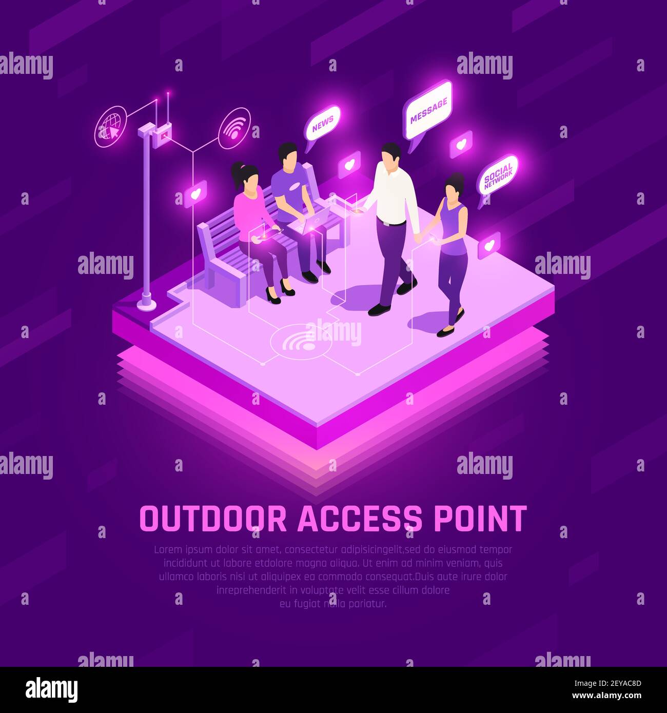 Internet access point isometric glowing composition human characters ...