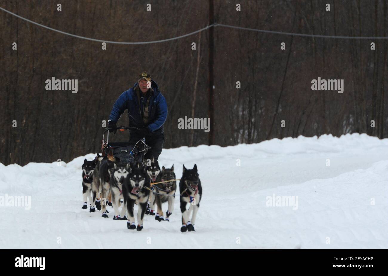Iditarod musher Sonny Lindner arrives at the checkpoint in Anvik ...