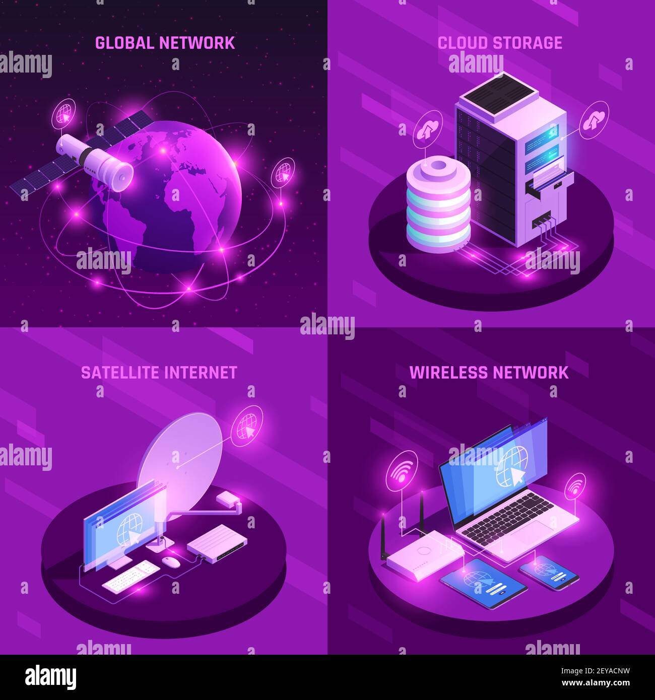 Global network isometric design concept with cloud storage satellite ...