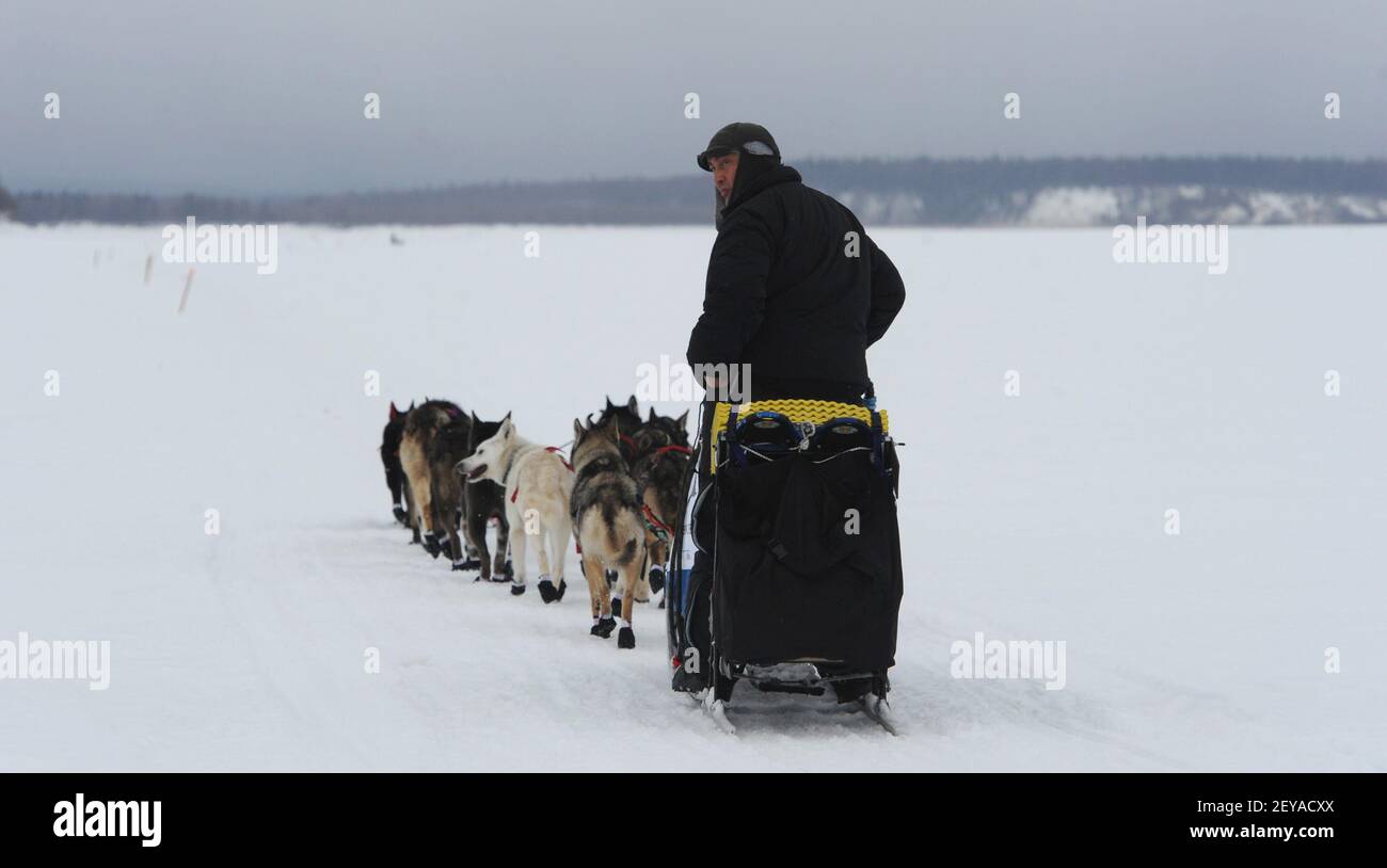 Musher John Baker looks down river as he drives his dog team up the ...