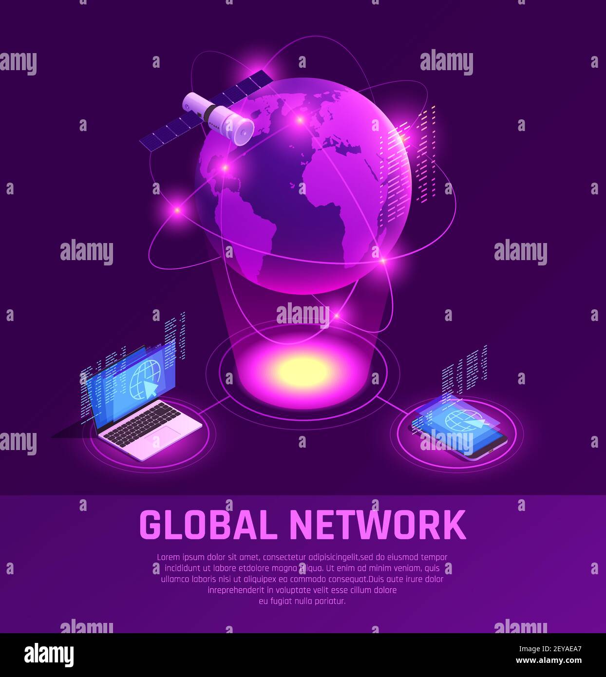 Global network isometric glowing composition with mobile devices and ...