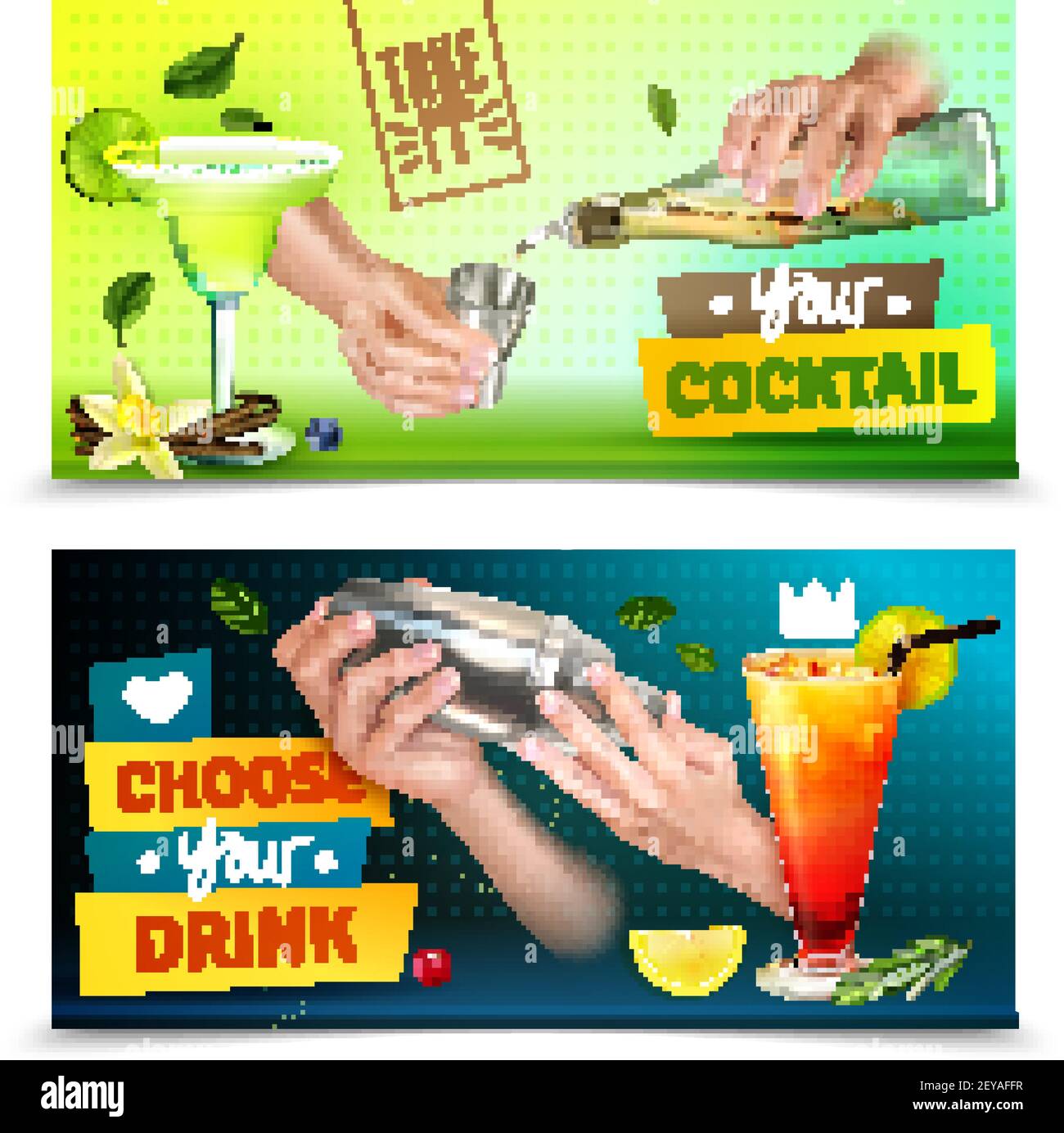 Realistic set of two colorful horizontal banners with bartender hands ...
