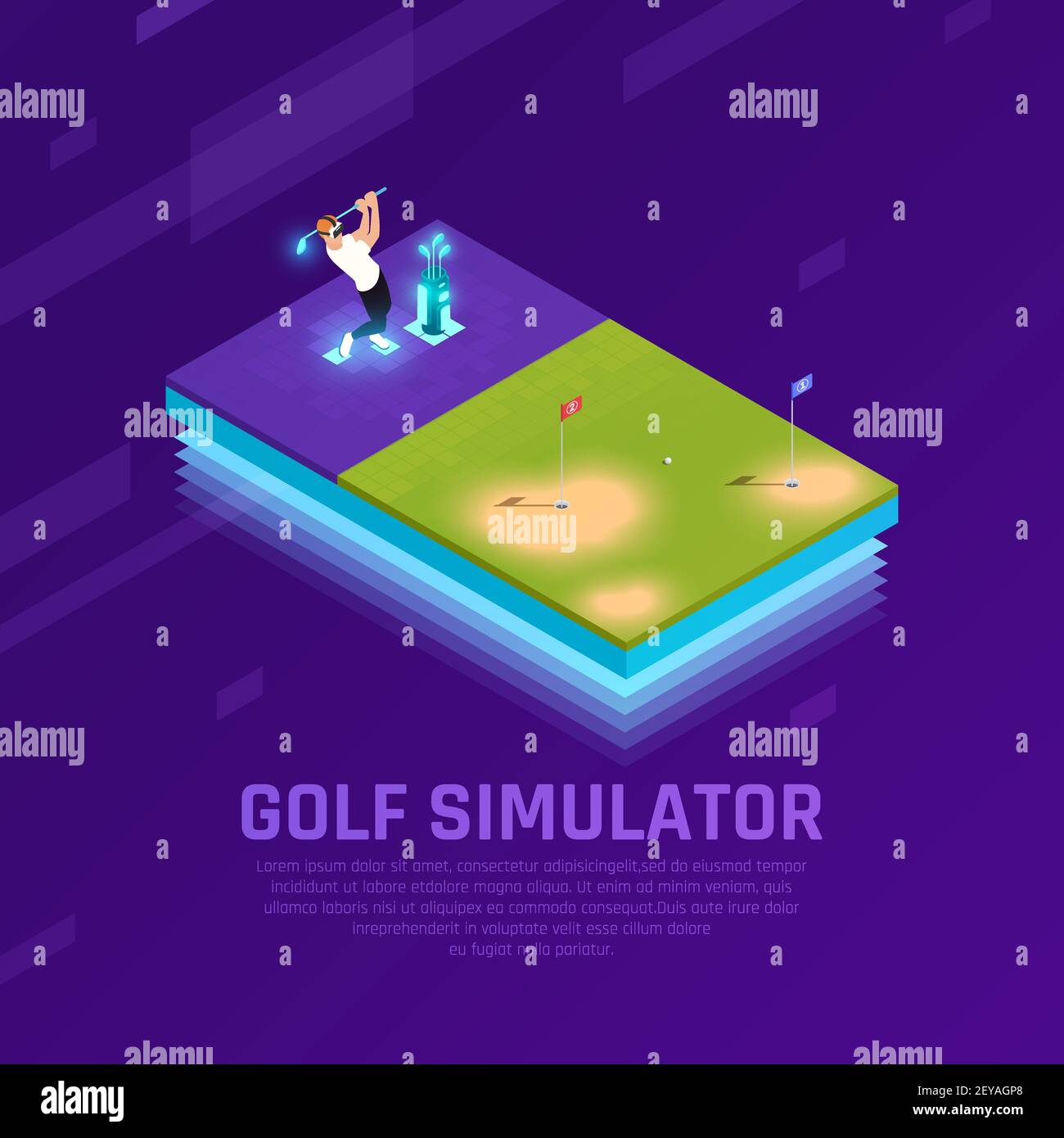 Man in vr headset during training on golf simulator isometric ...