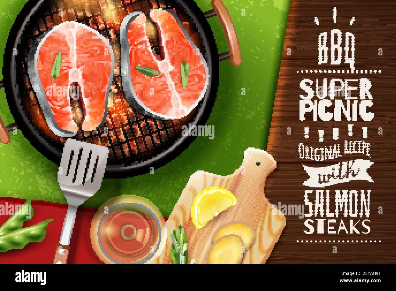Realistic background with grilled salmon steak vector illustration ...