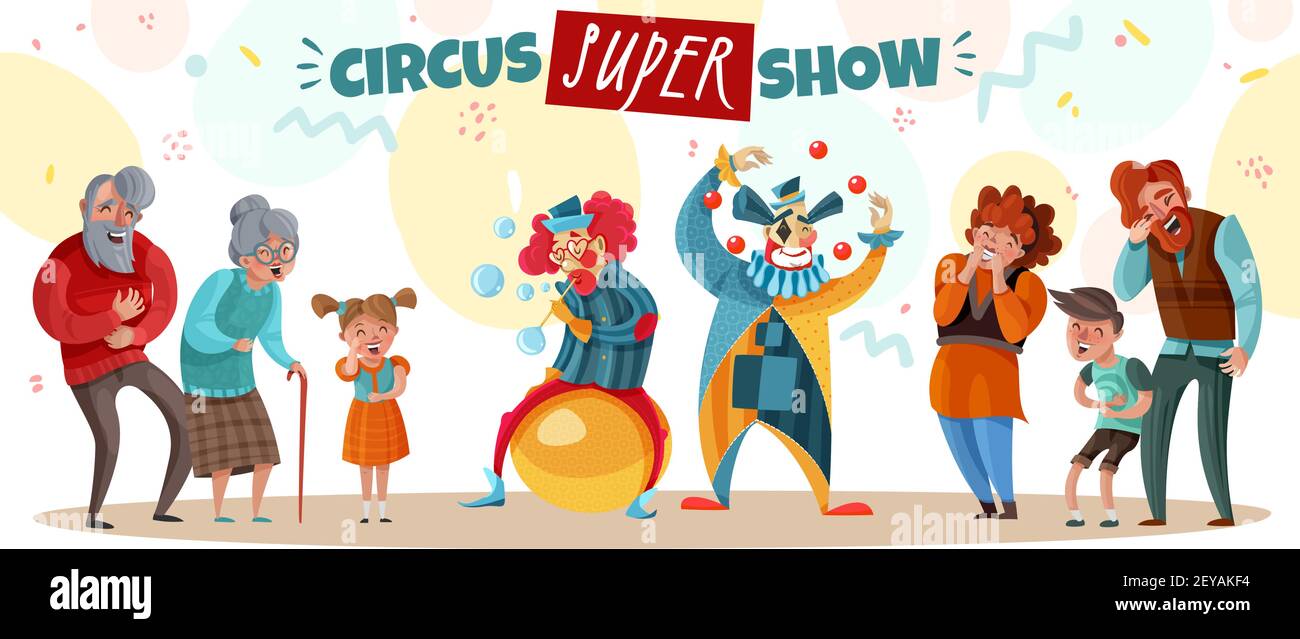 Elderly people adults and children laughing at circus clown show ...