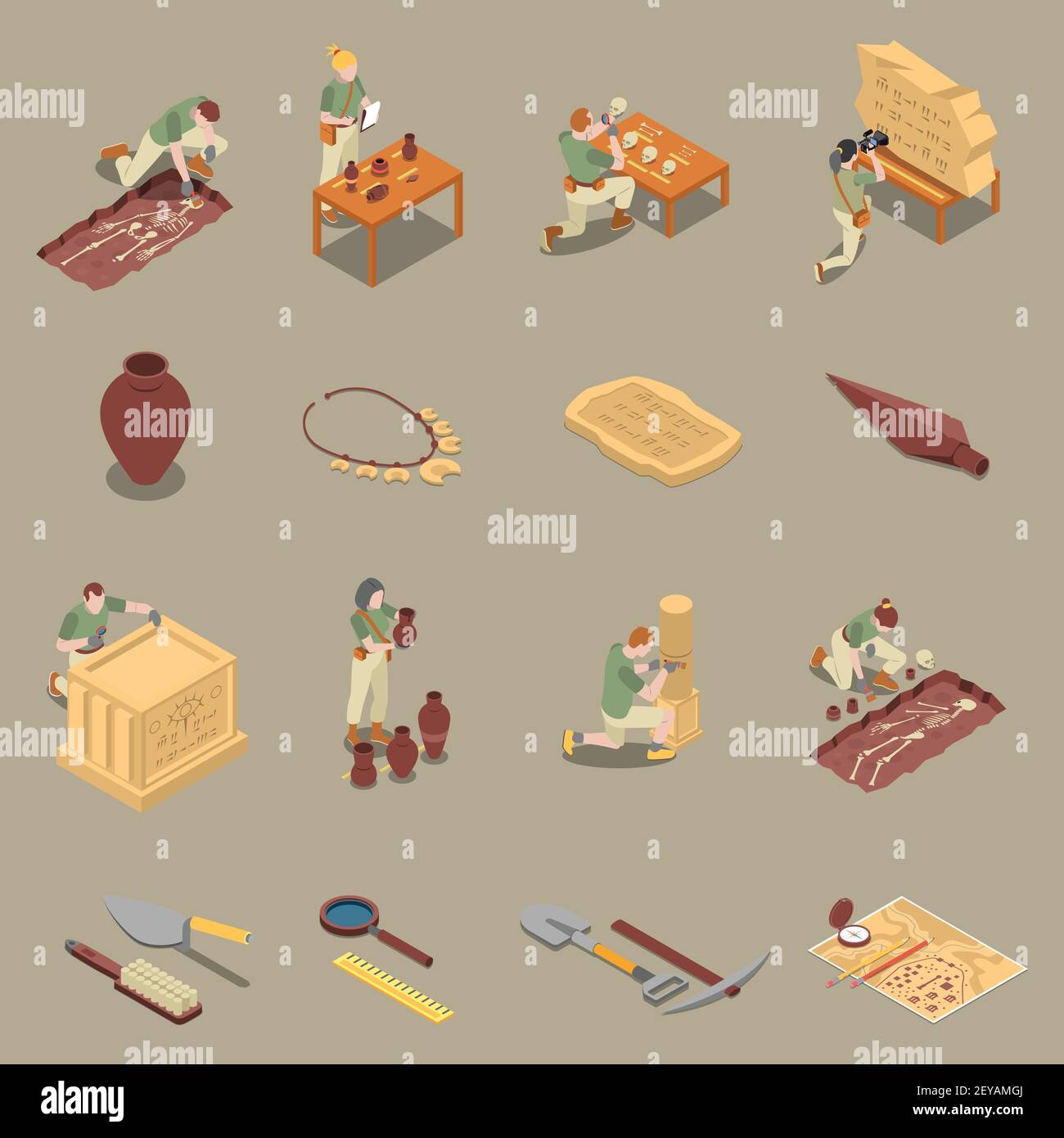 Archeology isometric icons set with antiquity symbols isolated vector ...