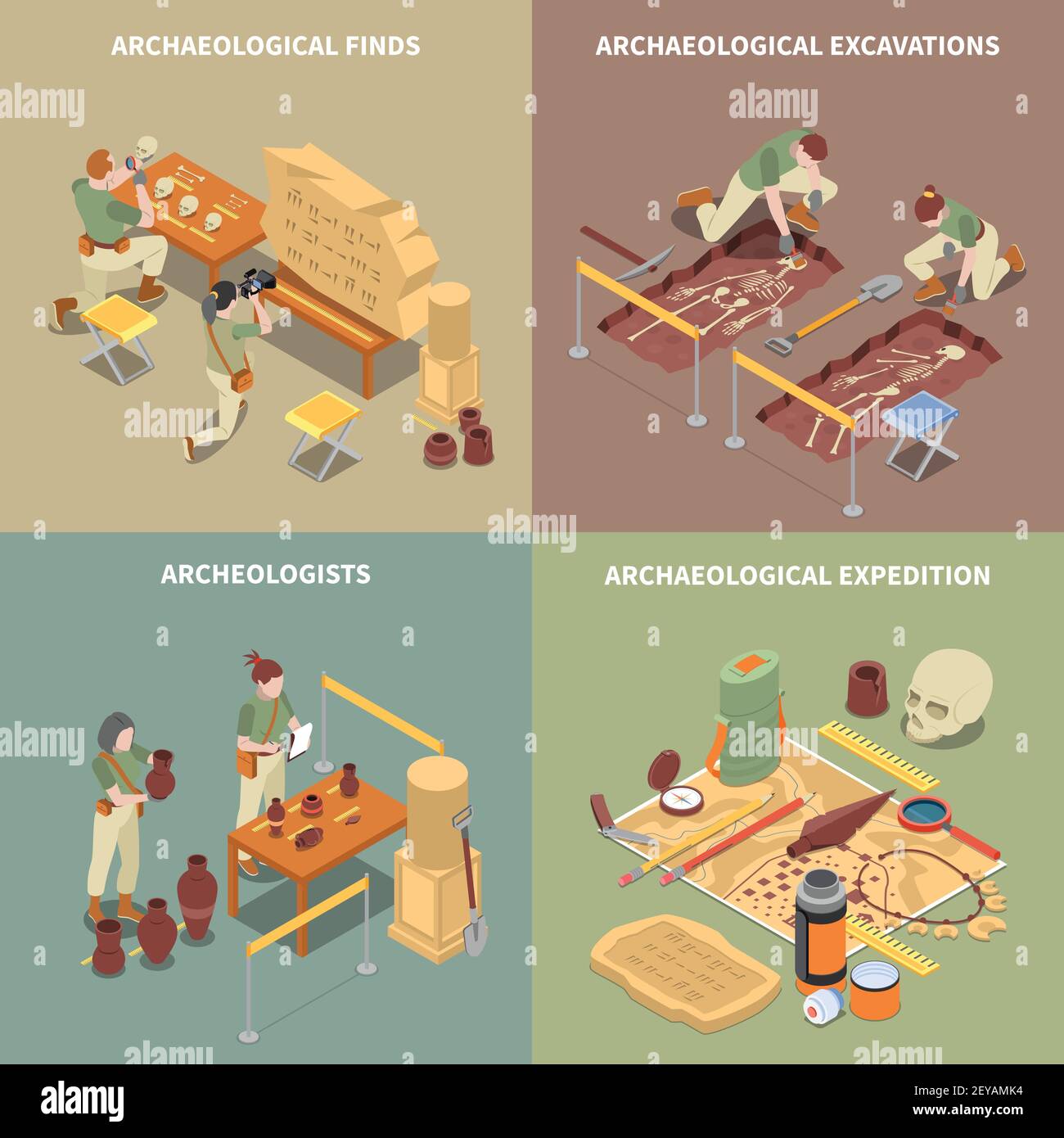 Archeology isometric concept icons set with excavations and finds ...