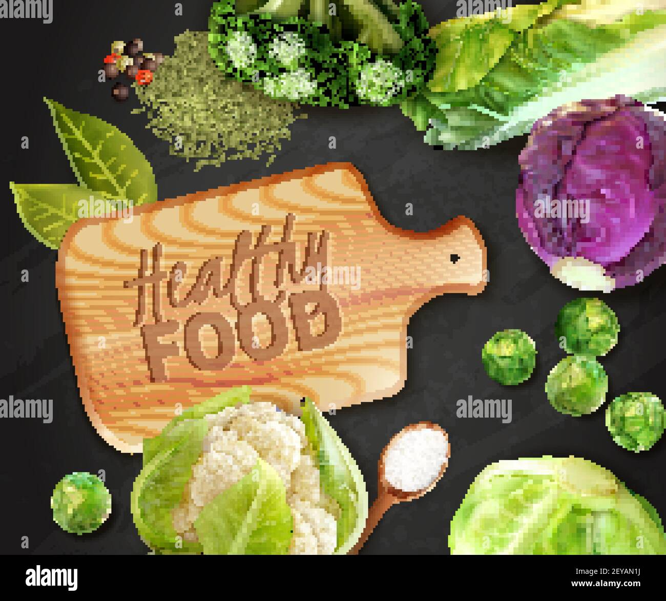 Realistic vegetables background with wooden cutting board and various ...