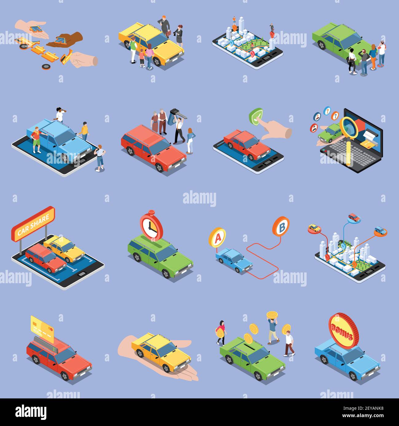 Carsharing icons set with carpooling symbols isometric isolated vector ...