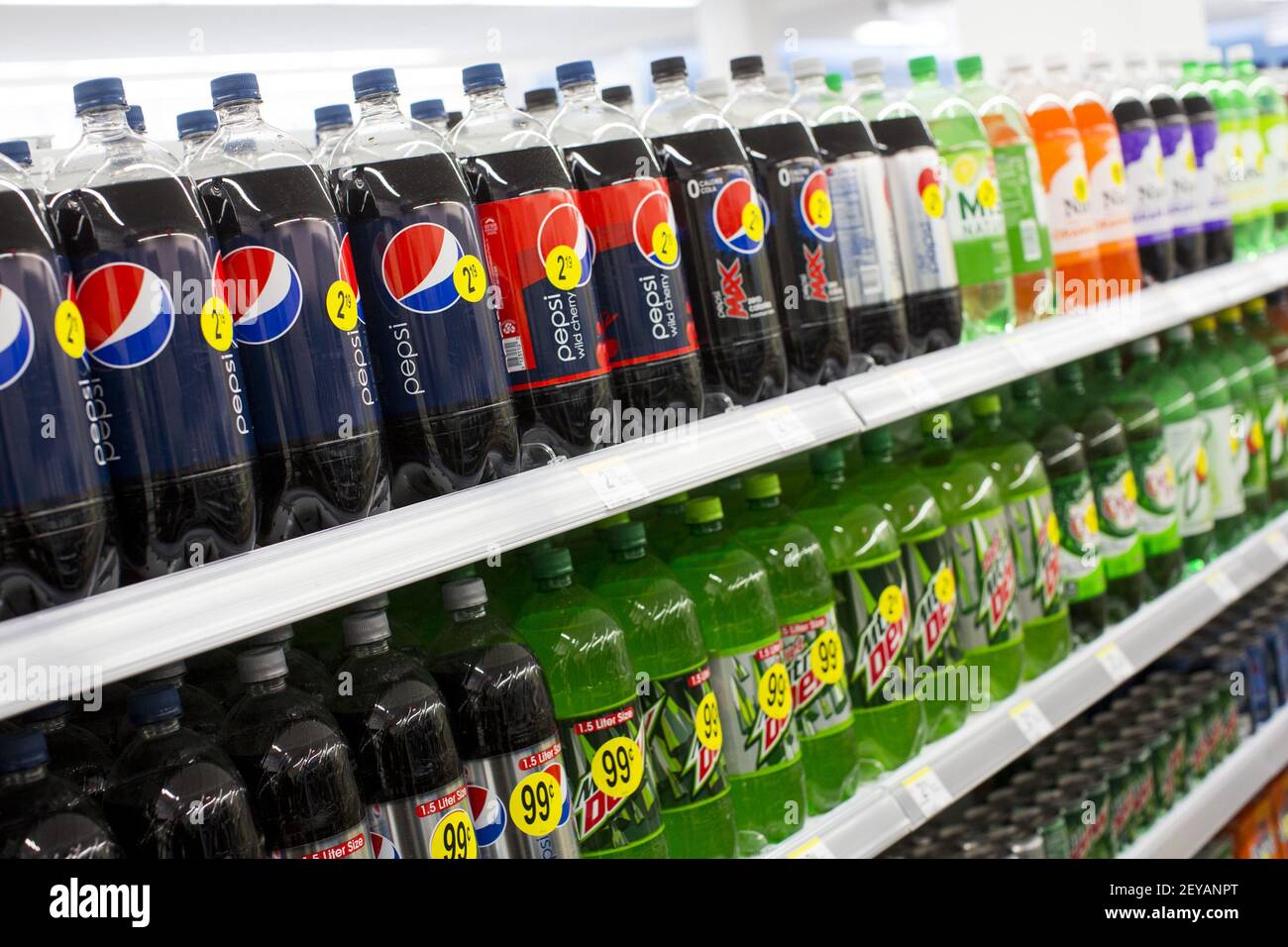 Pepsi products on display in the grocery section of the new Walgreens ...
