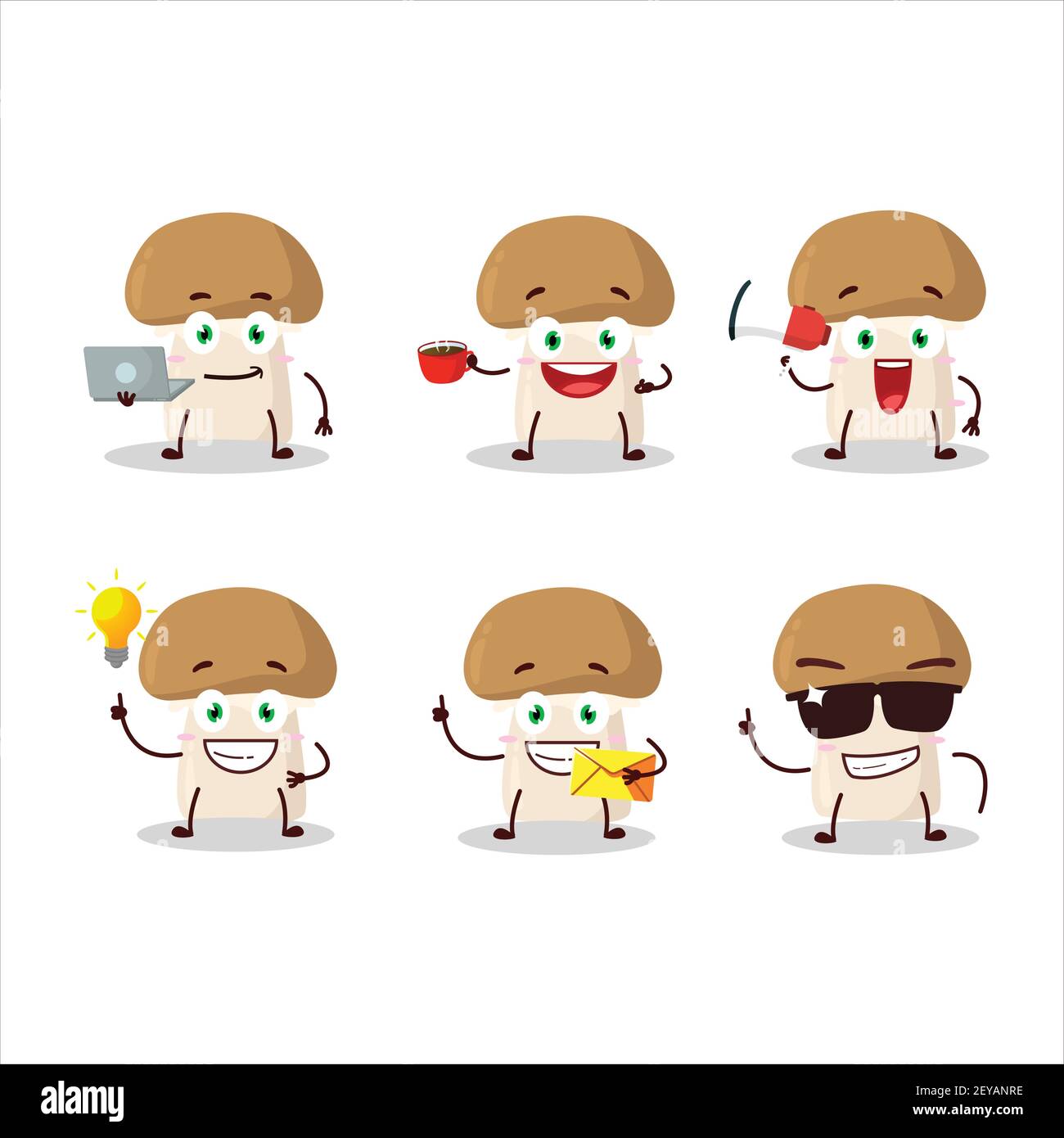 Champignon cartoon character with various types of business emoticons ...