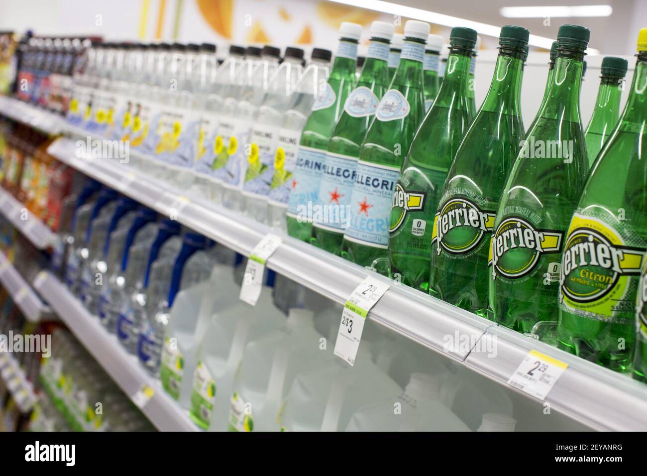 Perrier and S.Pellegrino bottled water on display in the grocery ...