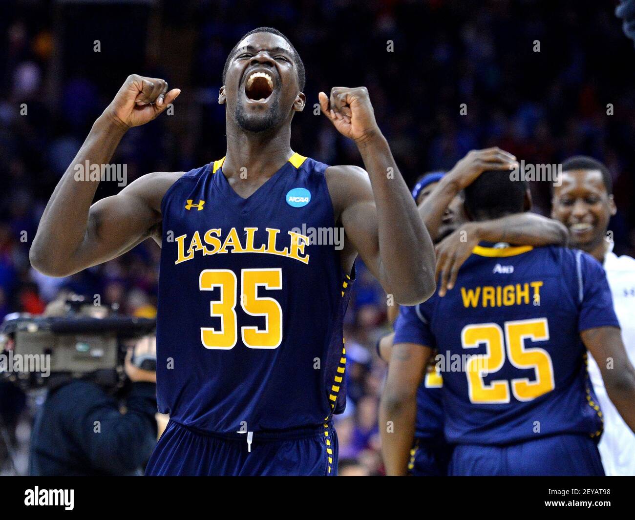 La Salle Explorers guard Rohan Brown (35) celebrates a 63-61 win over ...