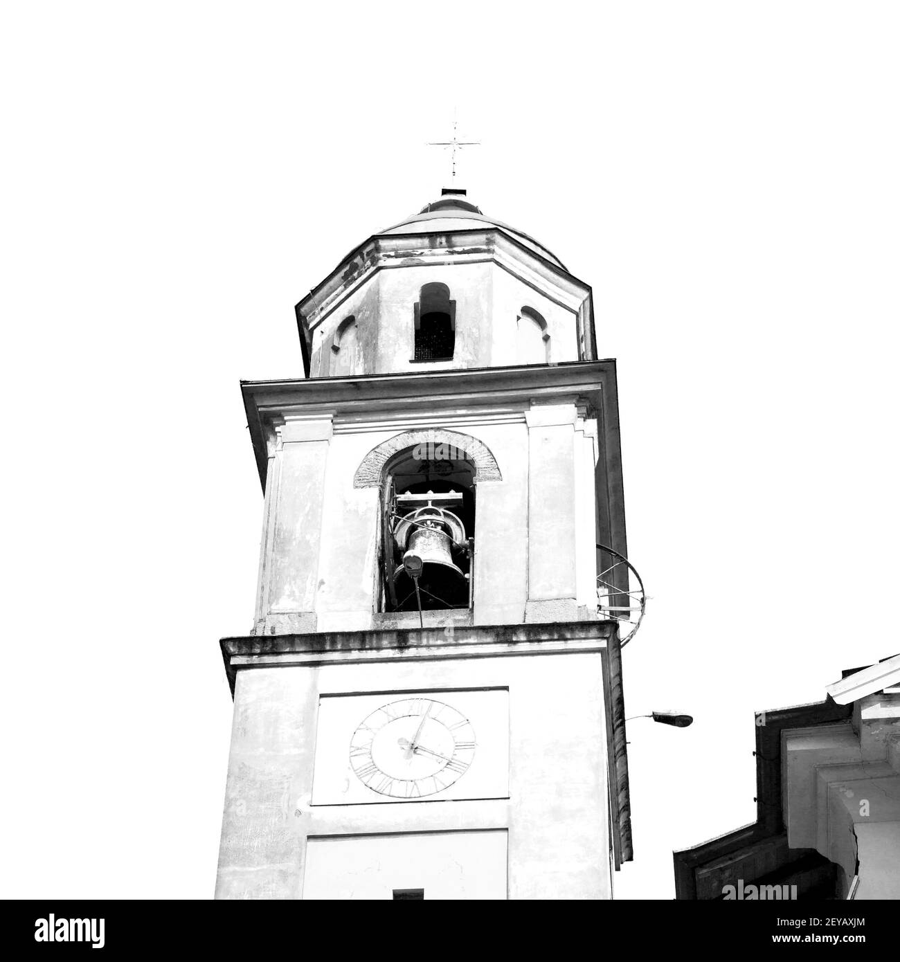 Building clock tower in italy europe old stone and bell Stock Photo - Alamy
