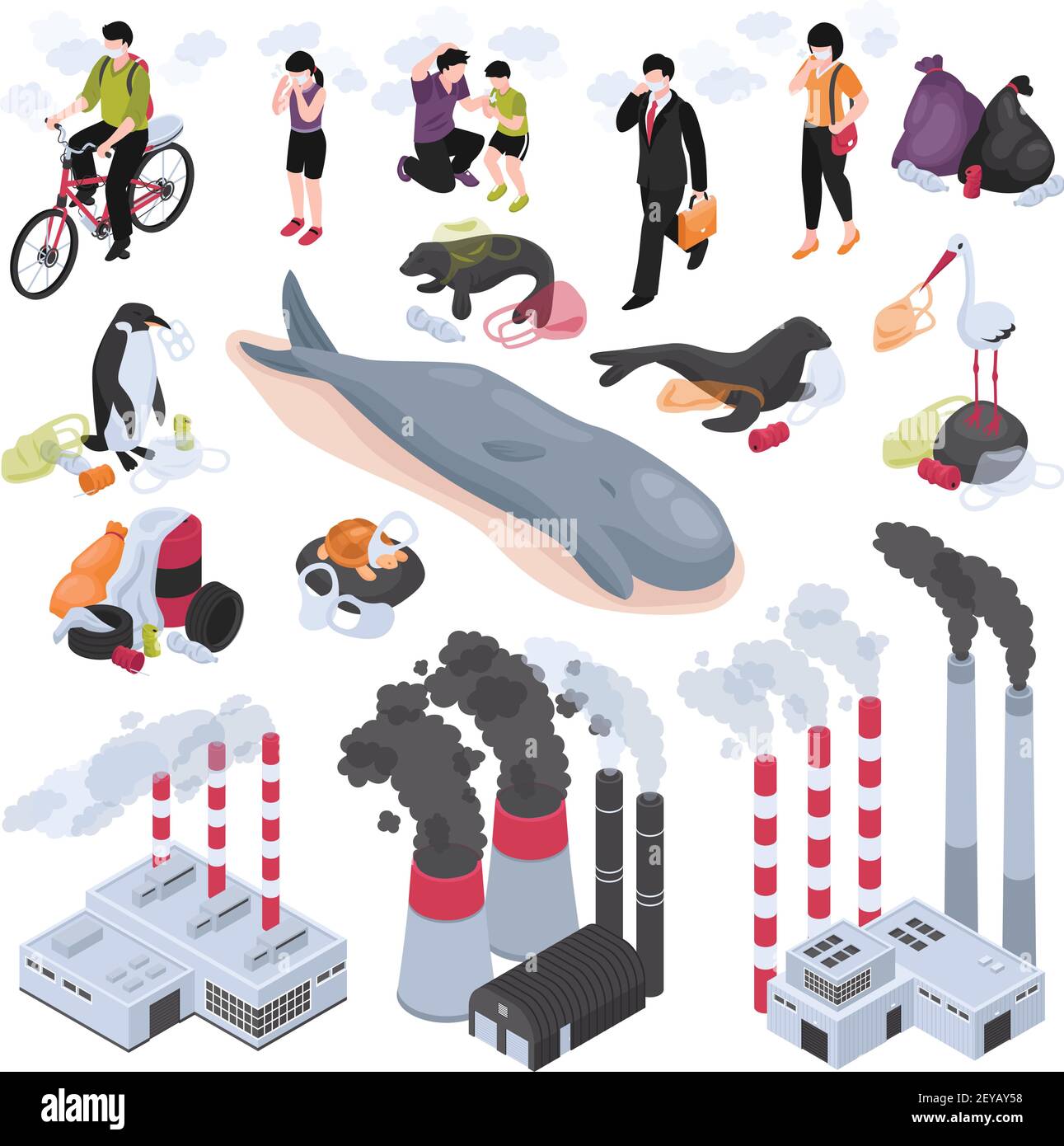 Pollution isometric set with water and air pollution symbols isolated ...