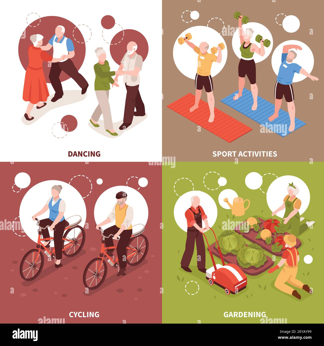 Senior people concept icons set with active lifestyle and hobbies ...