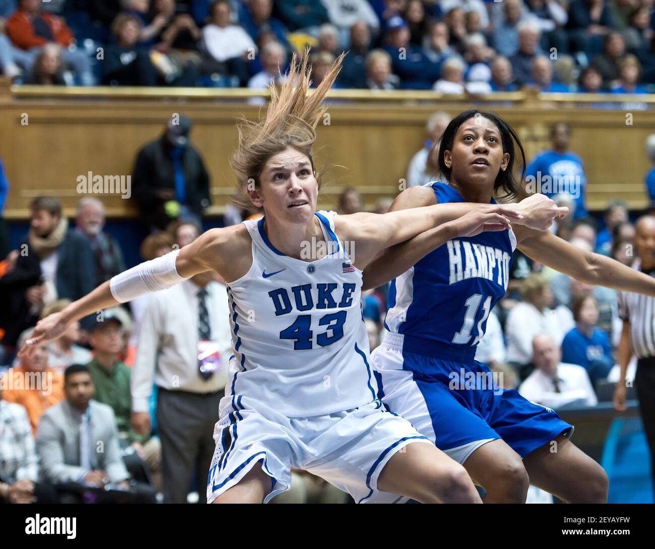 Duke center Allison Vernerey (43) and Hampton forward Ariel Phelps (11 ...