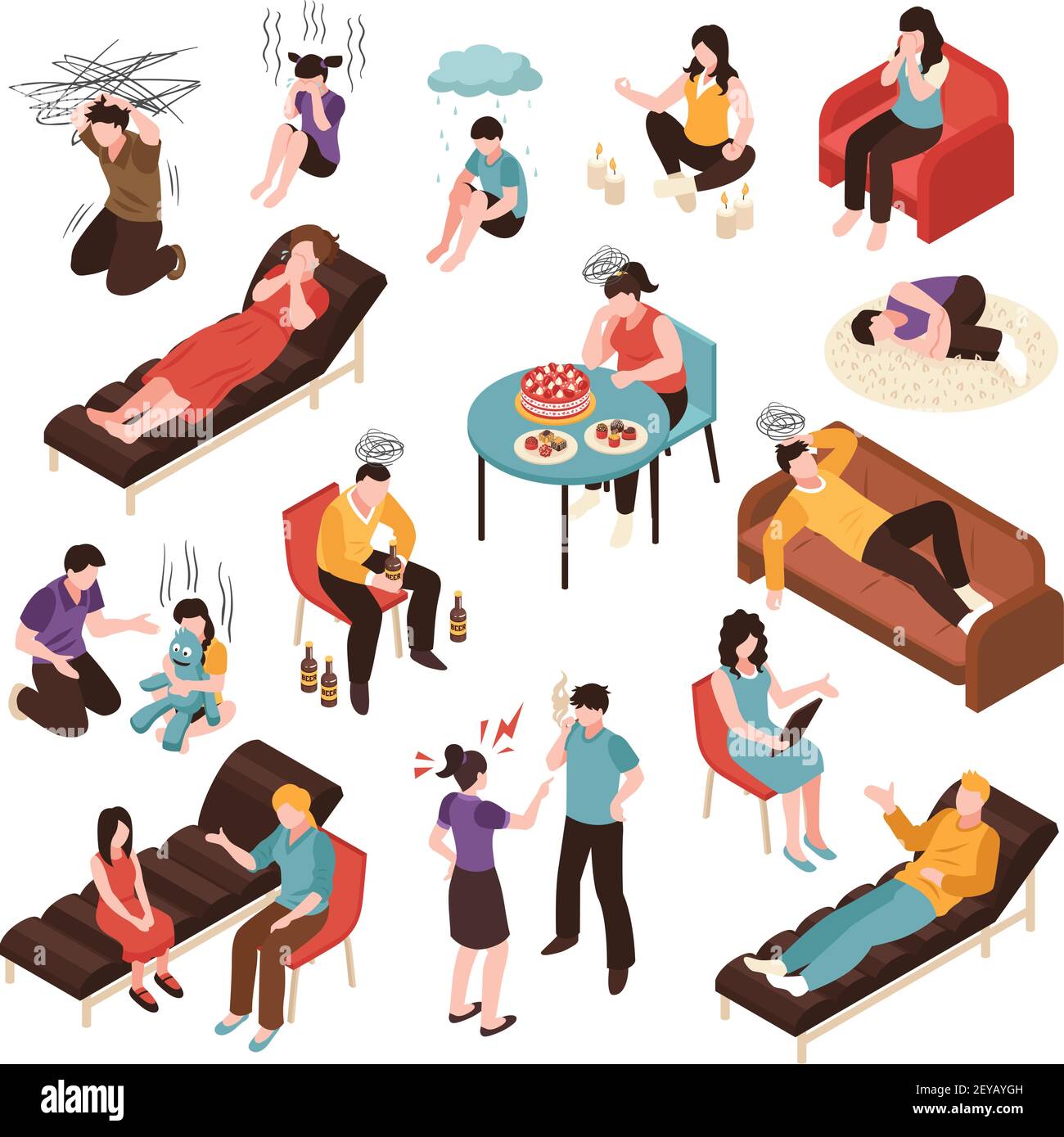 Depression isometric set with mood problems symbols isolated vector ...