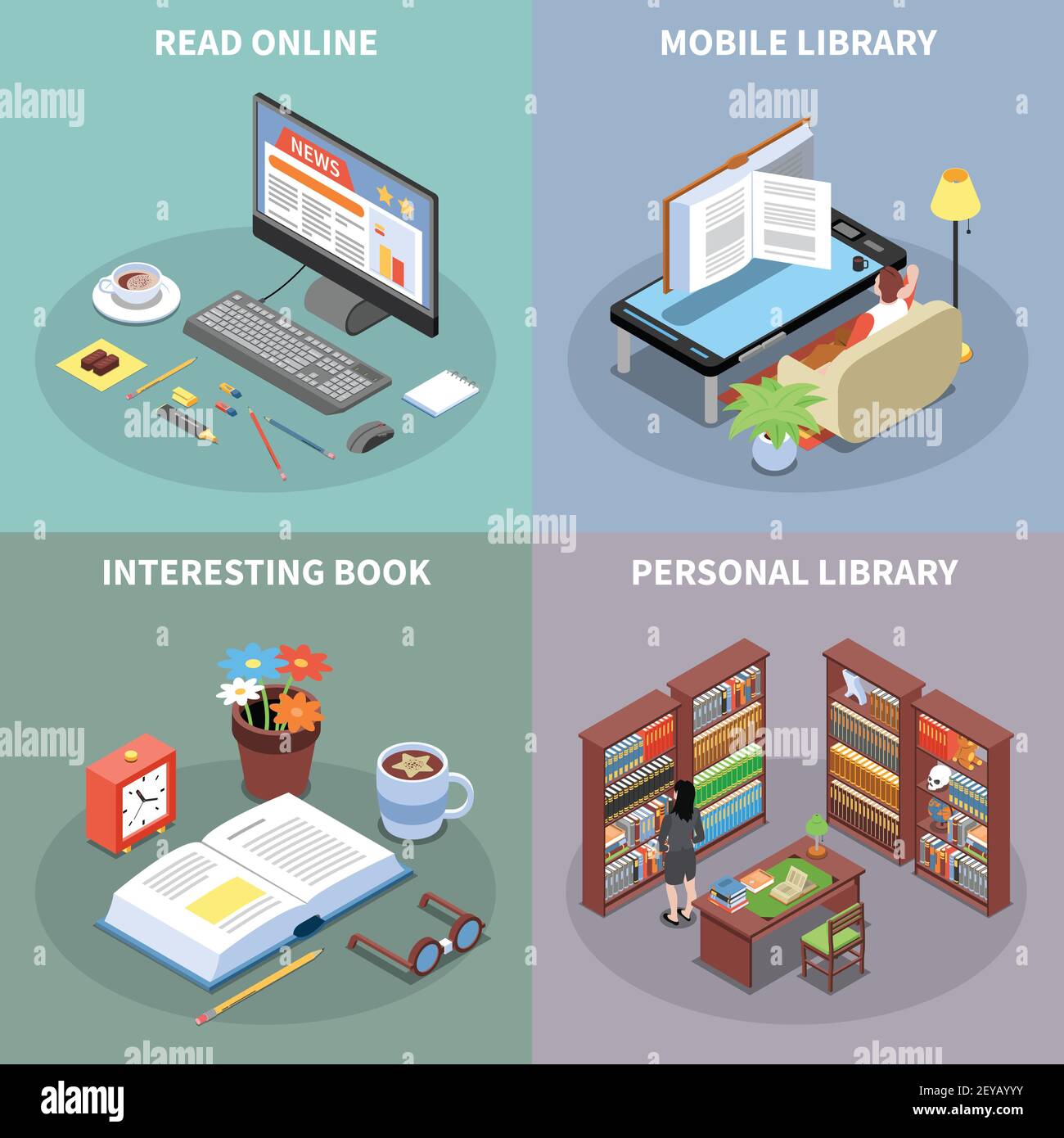 Reading and library concept icons set with mobile library symbols ...