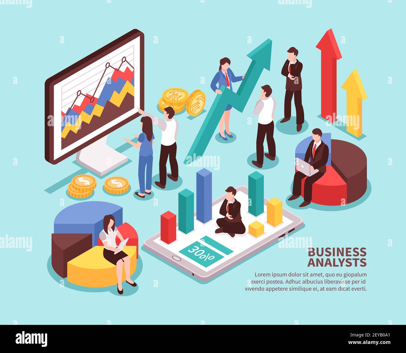 Business Analyst Concept With Diagrams And Statistics Isometric