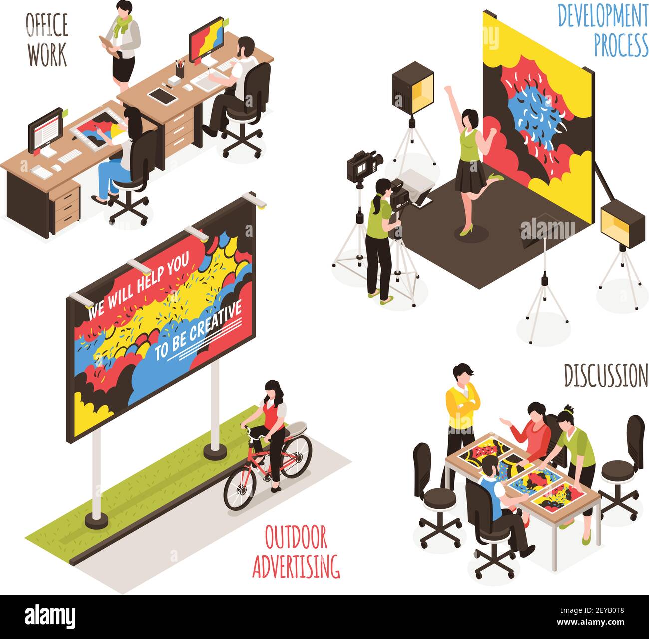 Advertising agency design set with development process symbols ...