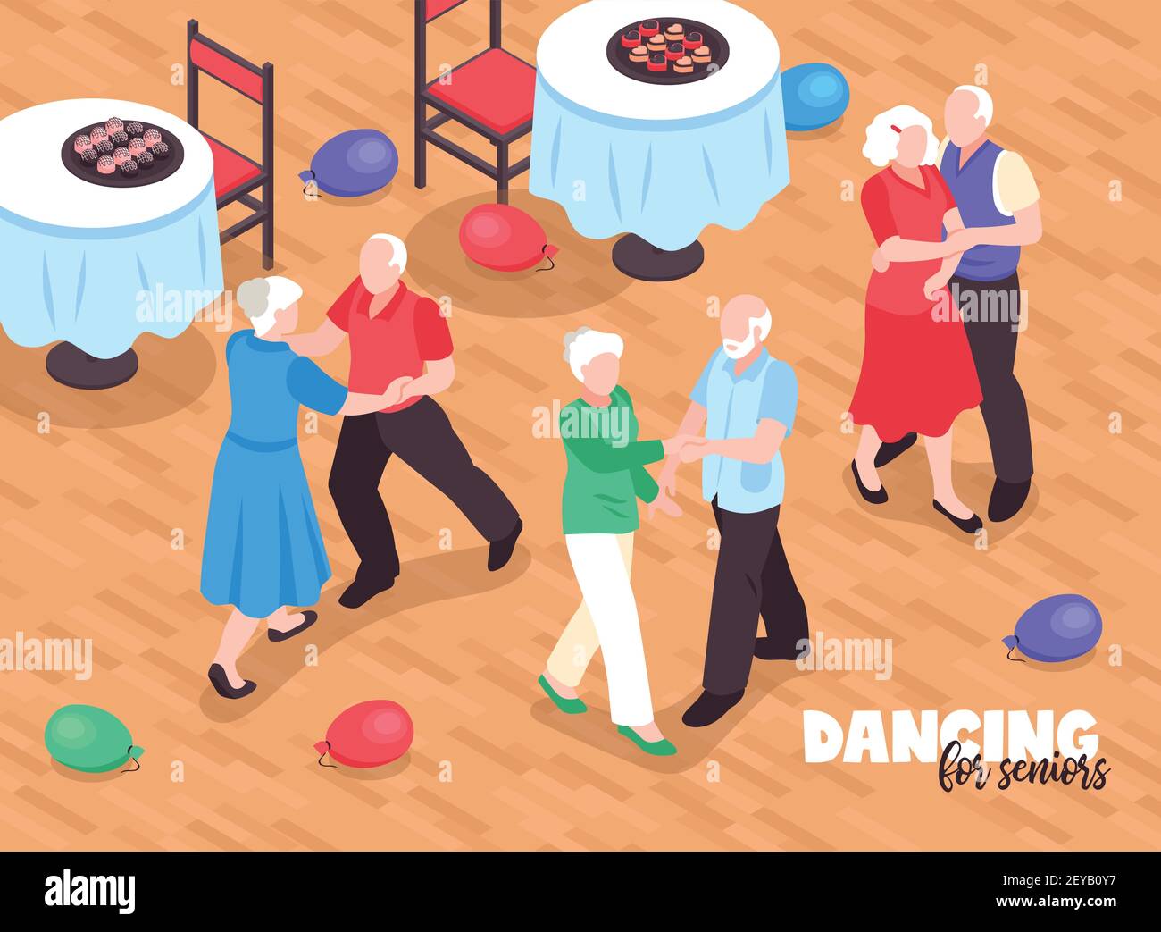 Active elderly people dancing background with active lifestyle symbols ...