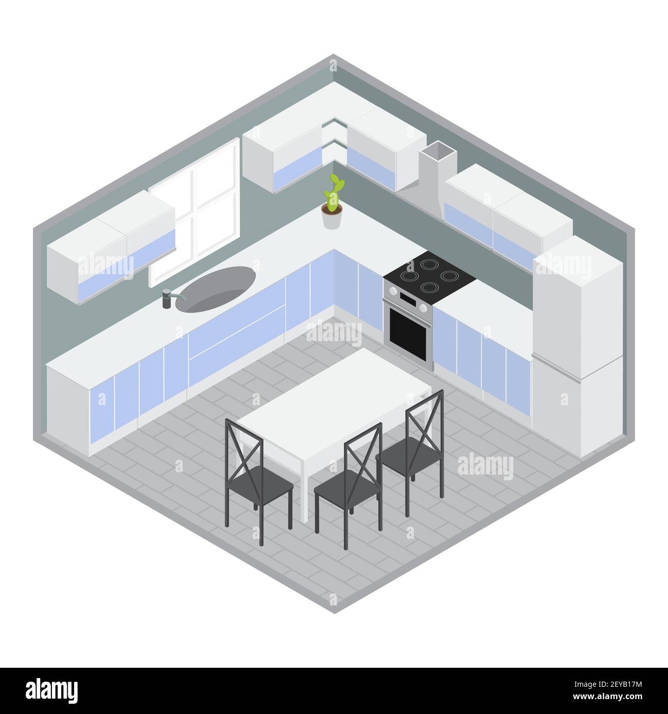 Isometric home dining room with white blue cupboards and cabinets table ...