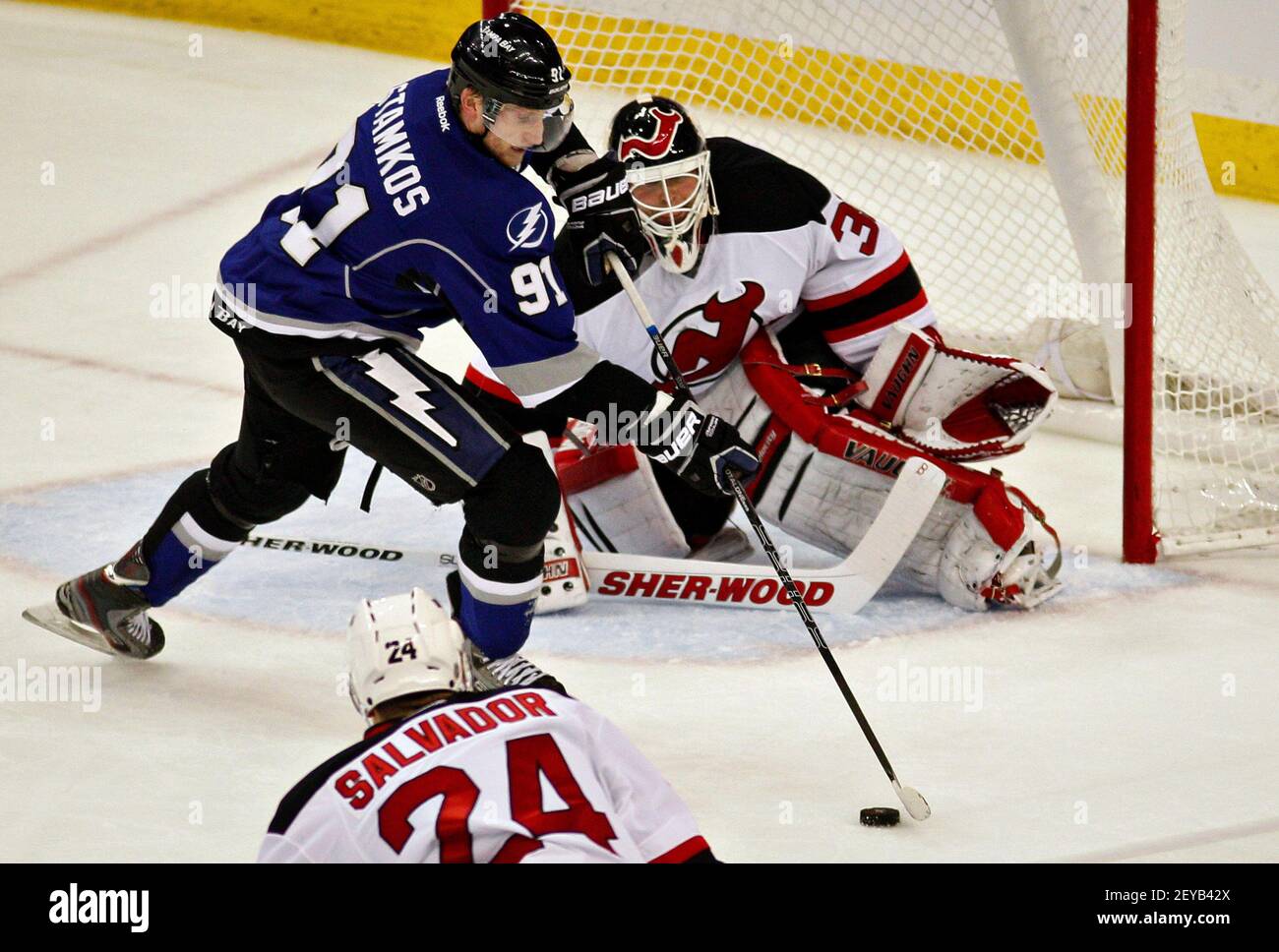 Tampa Bay Lightning center Steven Stamkos (91) has his shot blocked by ...