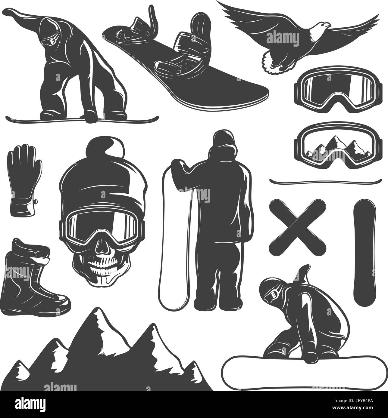Black isolated snowboarding icon set equipment outfit and snowboarder ...