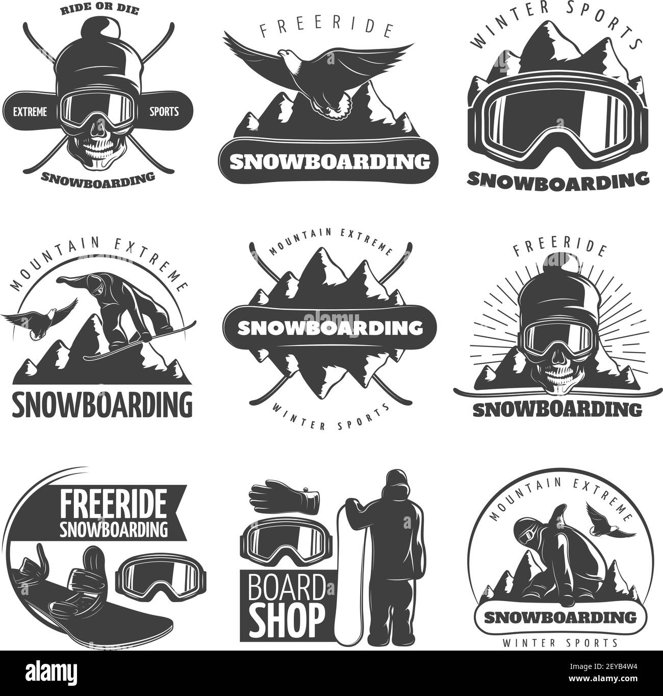 Black isolated snowboarding emblem set with titles ride or die free ...