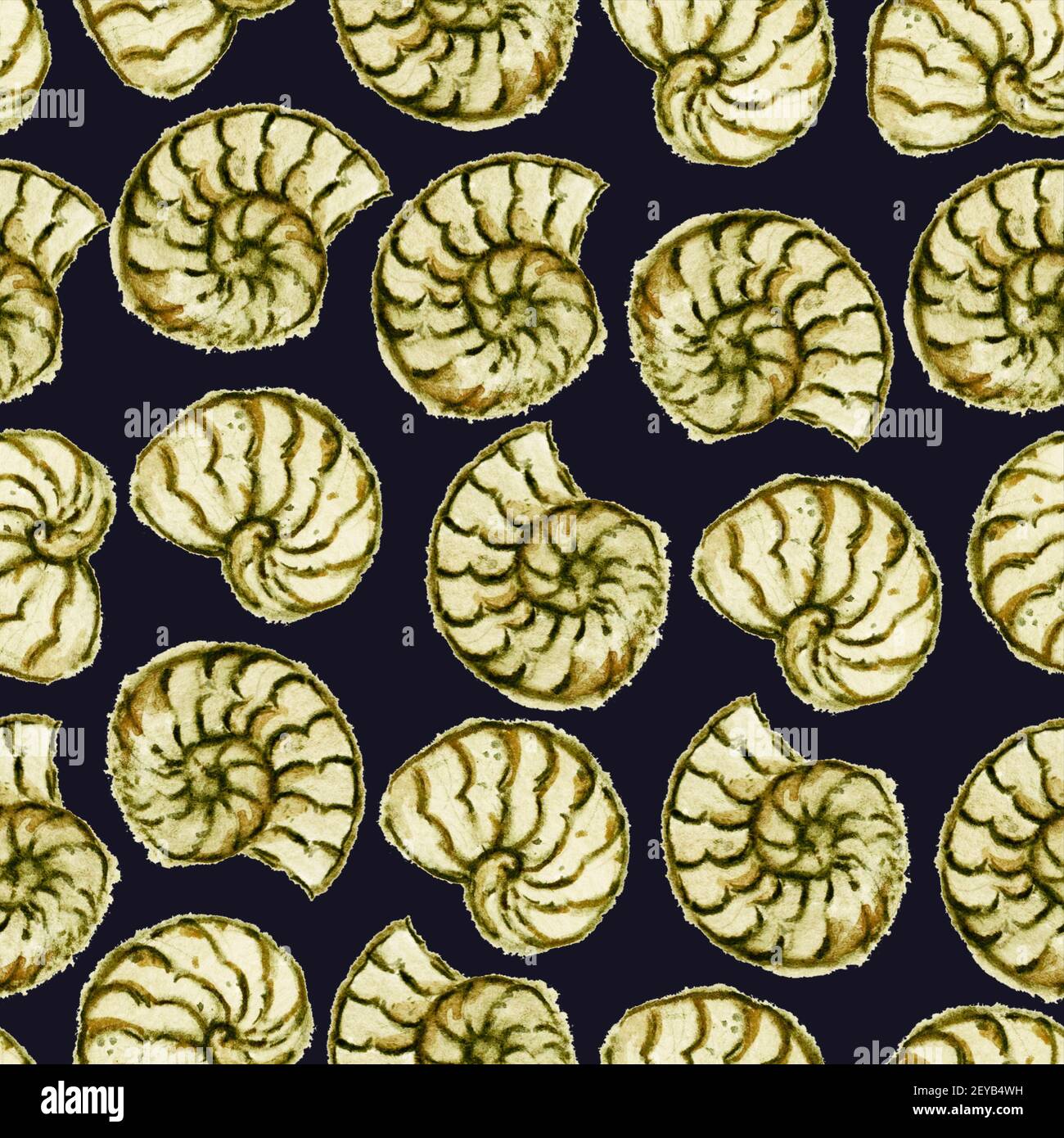 Watercolor seamless pattern with ammonites fossil shells. High quality ...