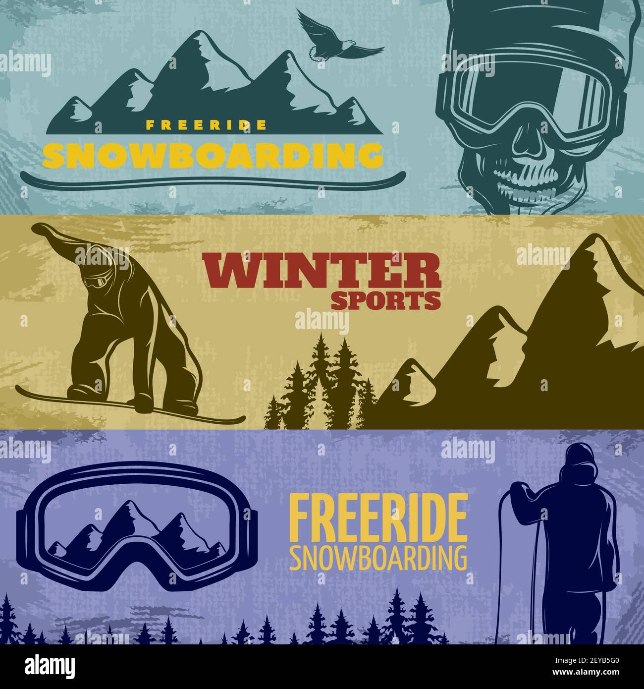 Three horizontal snowboarding banner set with freeride snowboarding ...