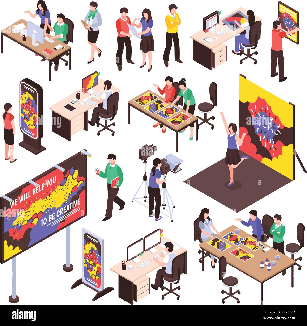 Advertising agency set with studio work and outdoor advertising symbols ...